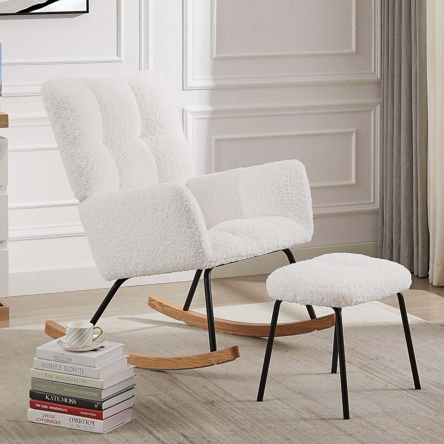 Modern Nursery Rocking Chair with Ottoman, Fabric Upholstered Glider ...