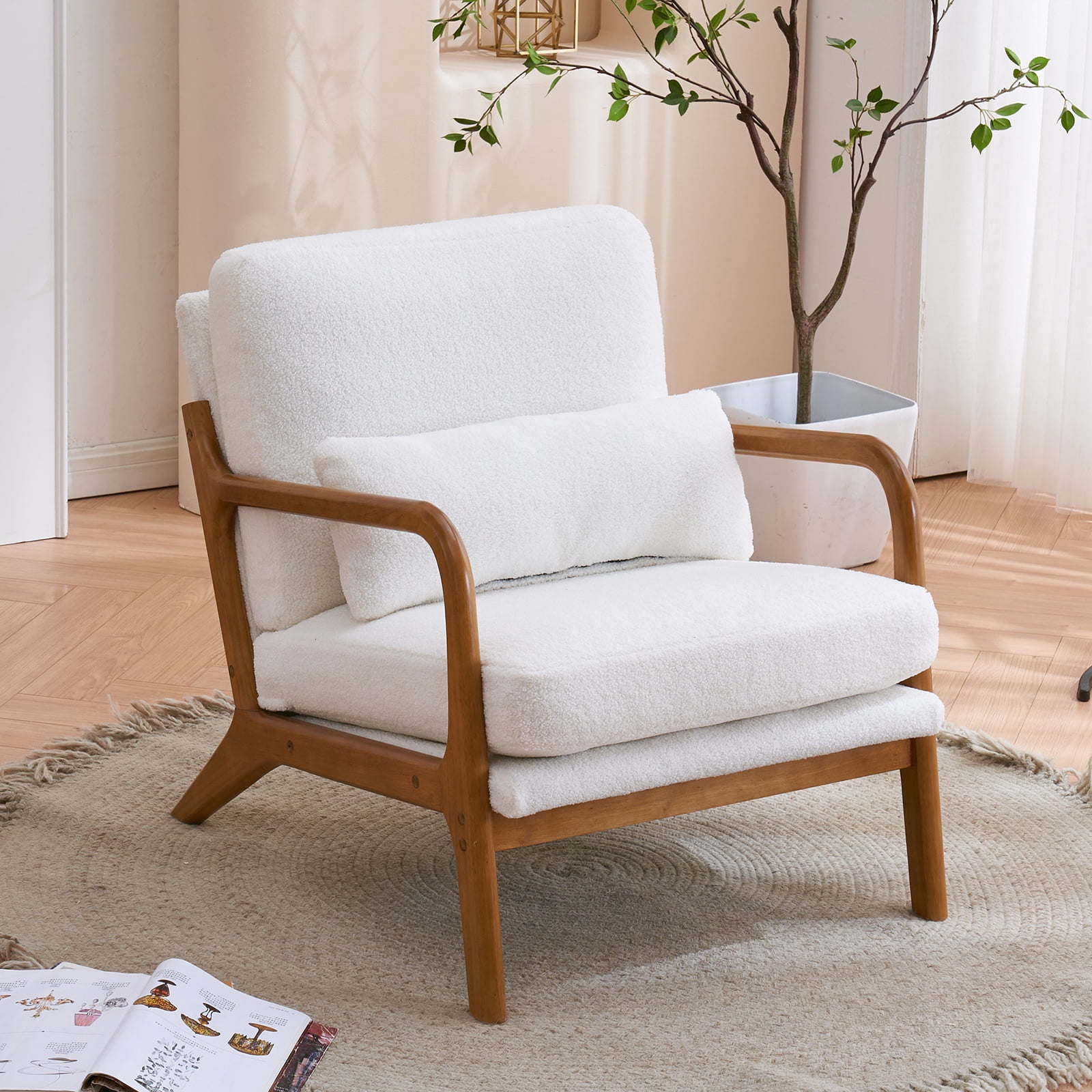 Modern Oak Armrest Chair Linen Fabric Upholstered, Mid-Century Accent ...