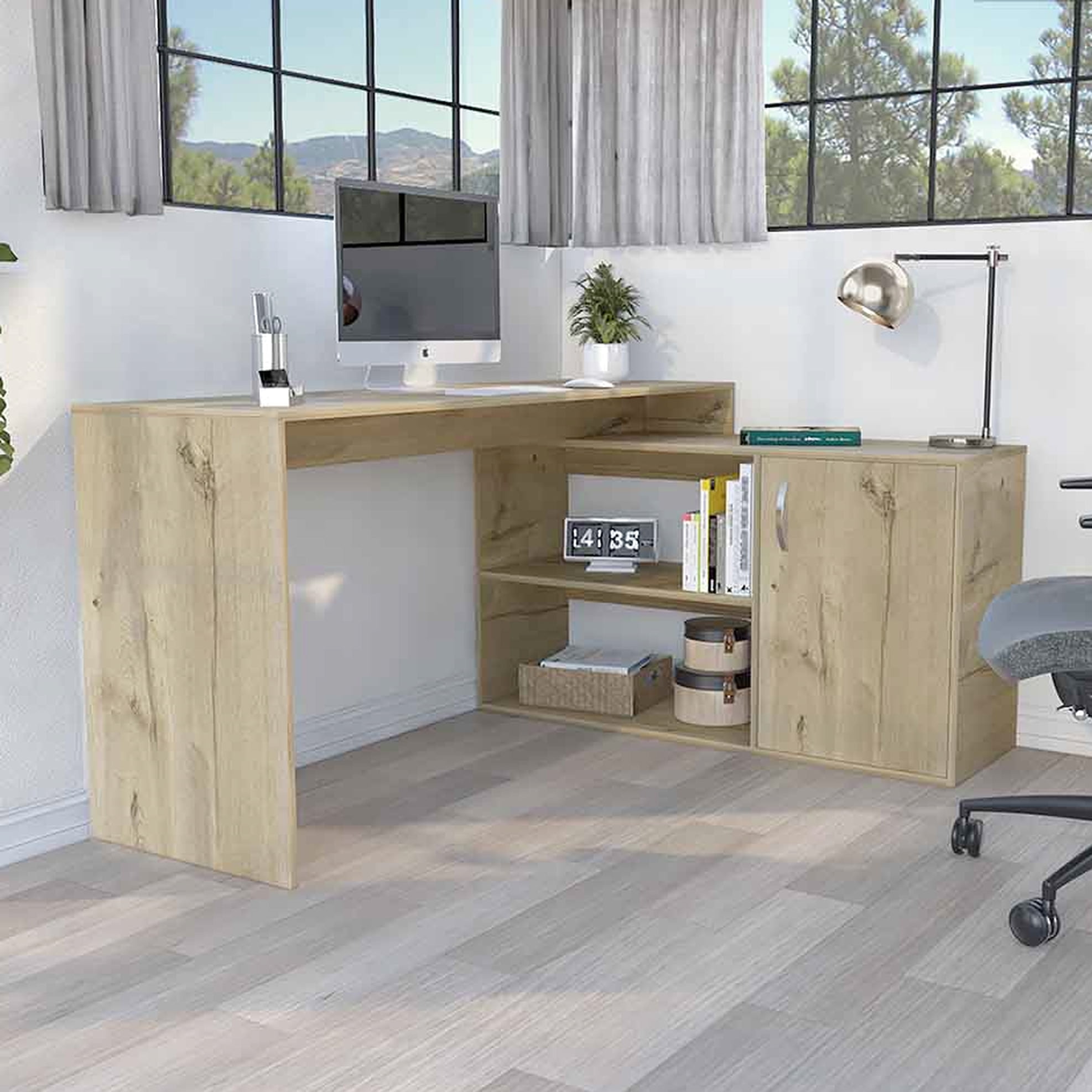 Modern Oak Computer Table - L Shaped. 59" Work Surface For Screens ...