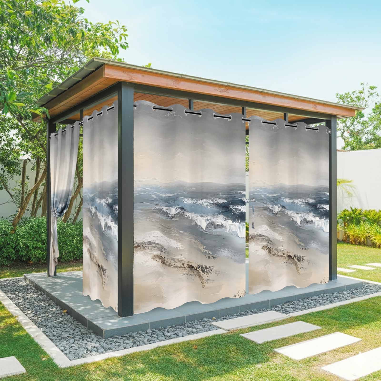 Modern Ocean Beach Wave Outdoor Curtains for Patio Waterproof, Abstract ...