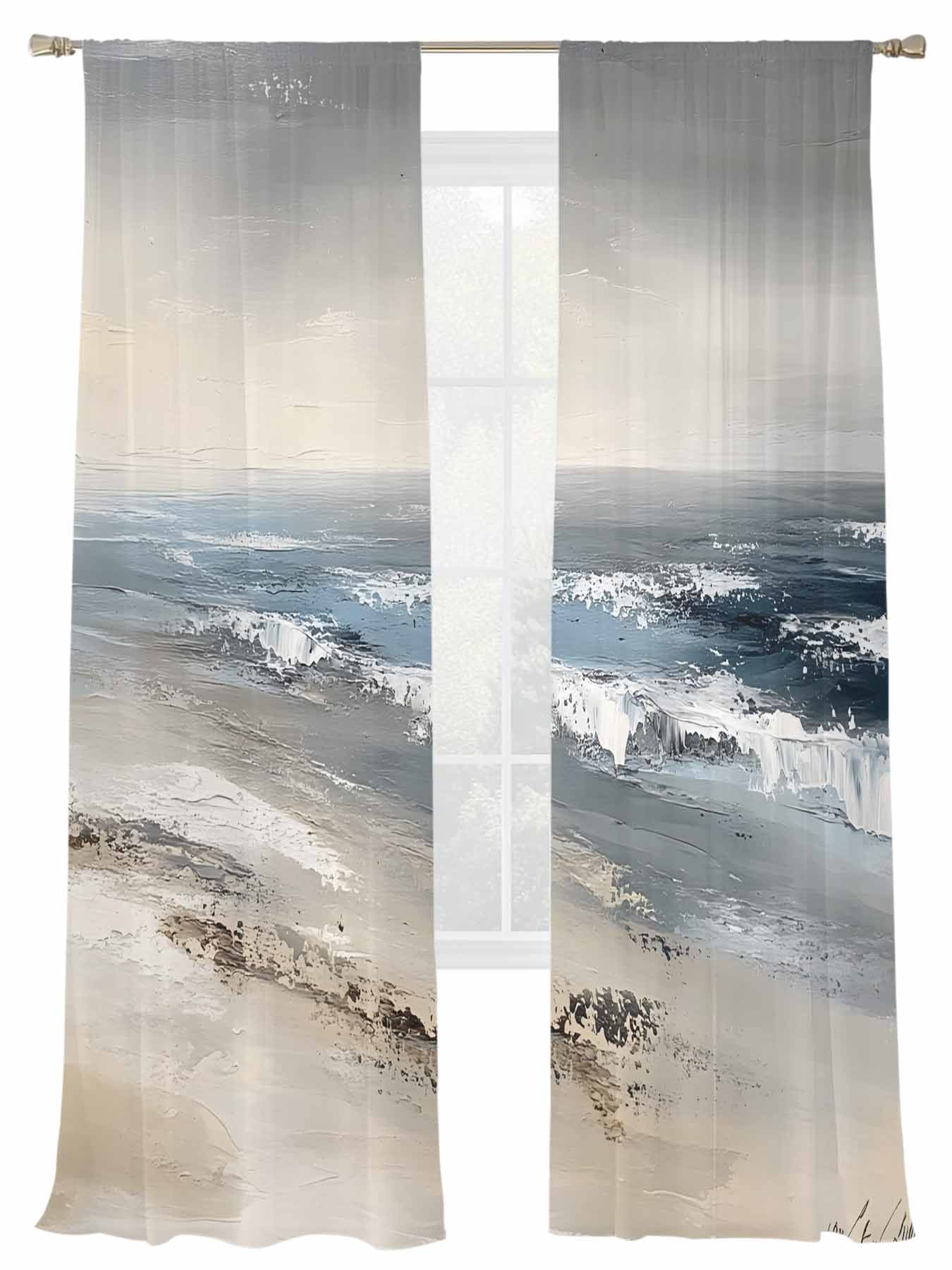 Modern Ocean Beach Wave Sheer Curtains 108 Inch Long 2 Panels, Abstract ...