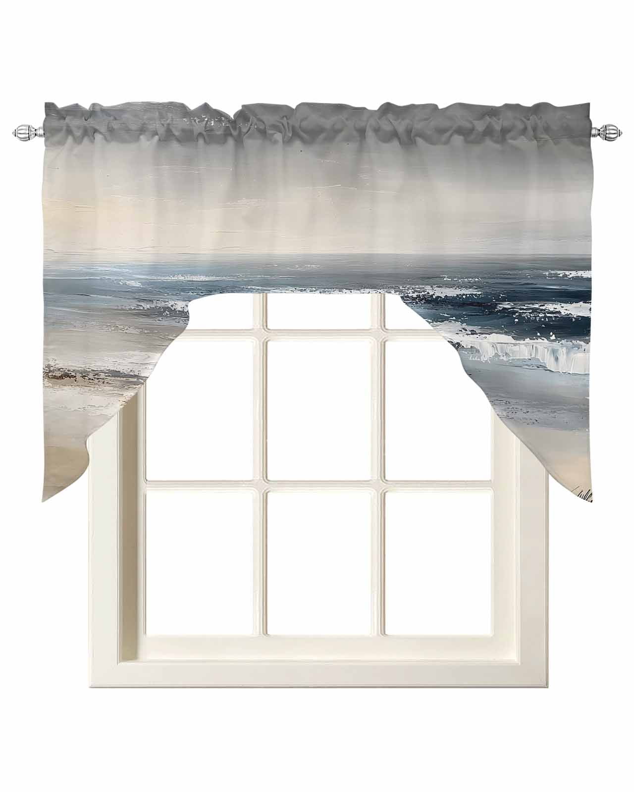 Modern Ocean Beach Wave Swag Valance and Tier Curtains Set Abstract Oil ...