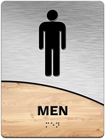 Modern Office Business Restroom Sign - Men - 6"x8" Brushed Steel + Wood ...