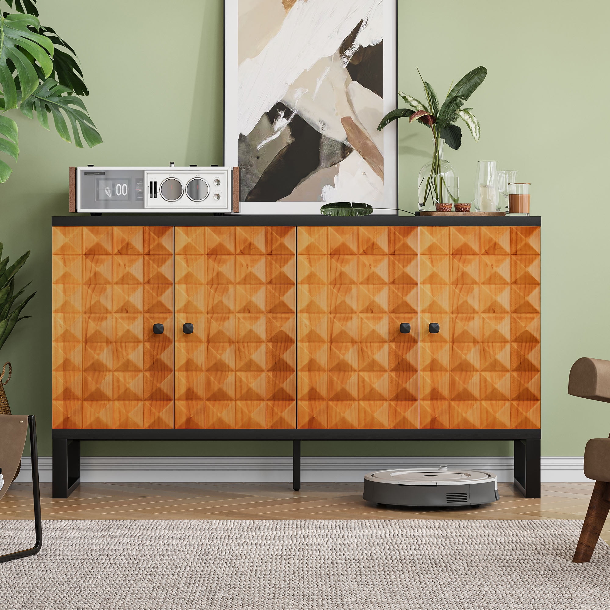 Modern Orange-Yellow Buffet Cabinet with Adjustable Shelves and ...
