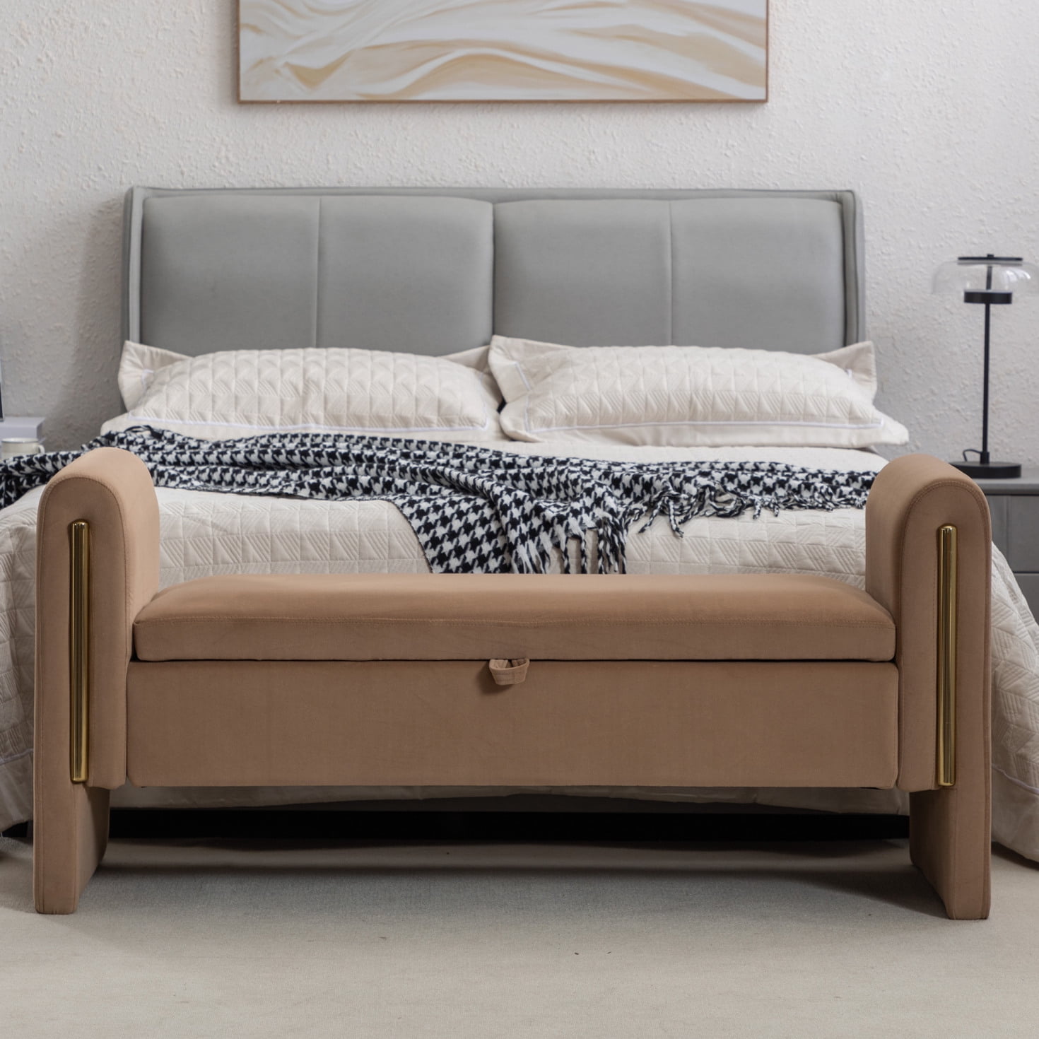 Modern Ottoman Bench, H-Shape Footrest in Teddy Fabric with Storage ...