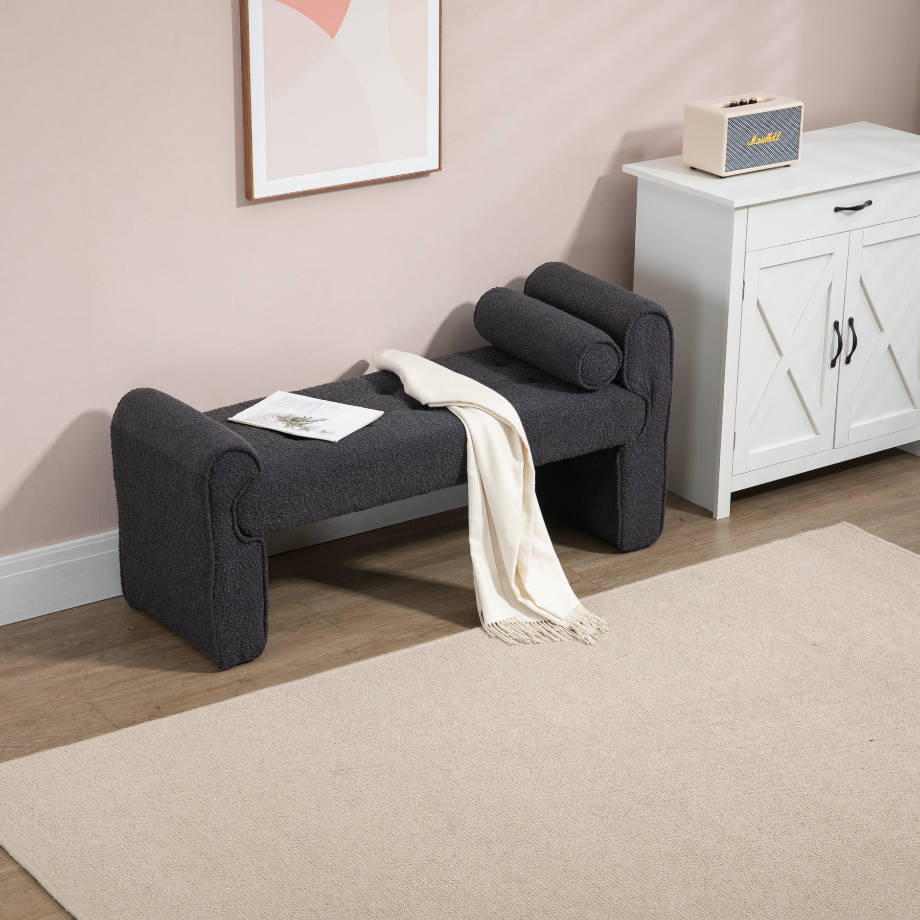 Modern Ottoman Boucle Bench with Armrests & Bolster Pillow, Upholstered ...