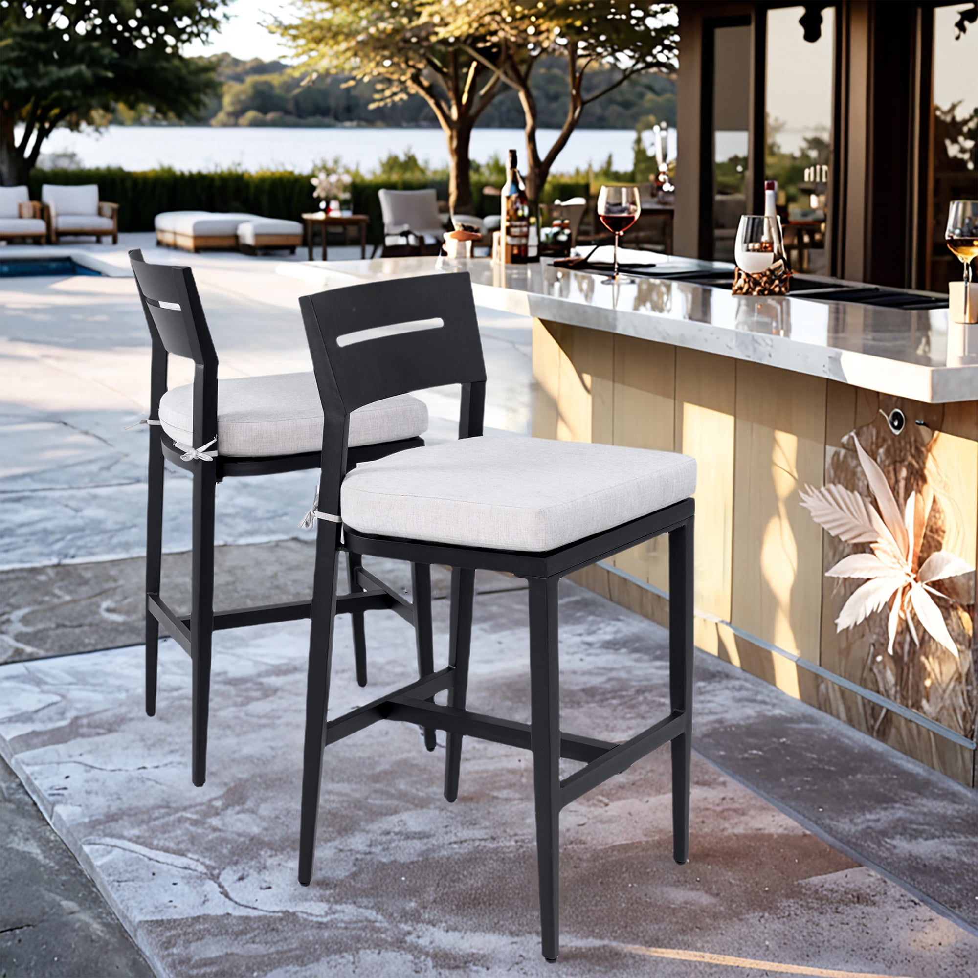 Modern Outdoor 2PC Bar Stools, Aluminum Patio Bar Chair with Ergonomic ...