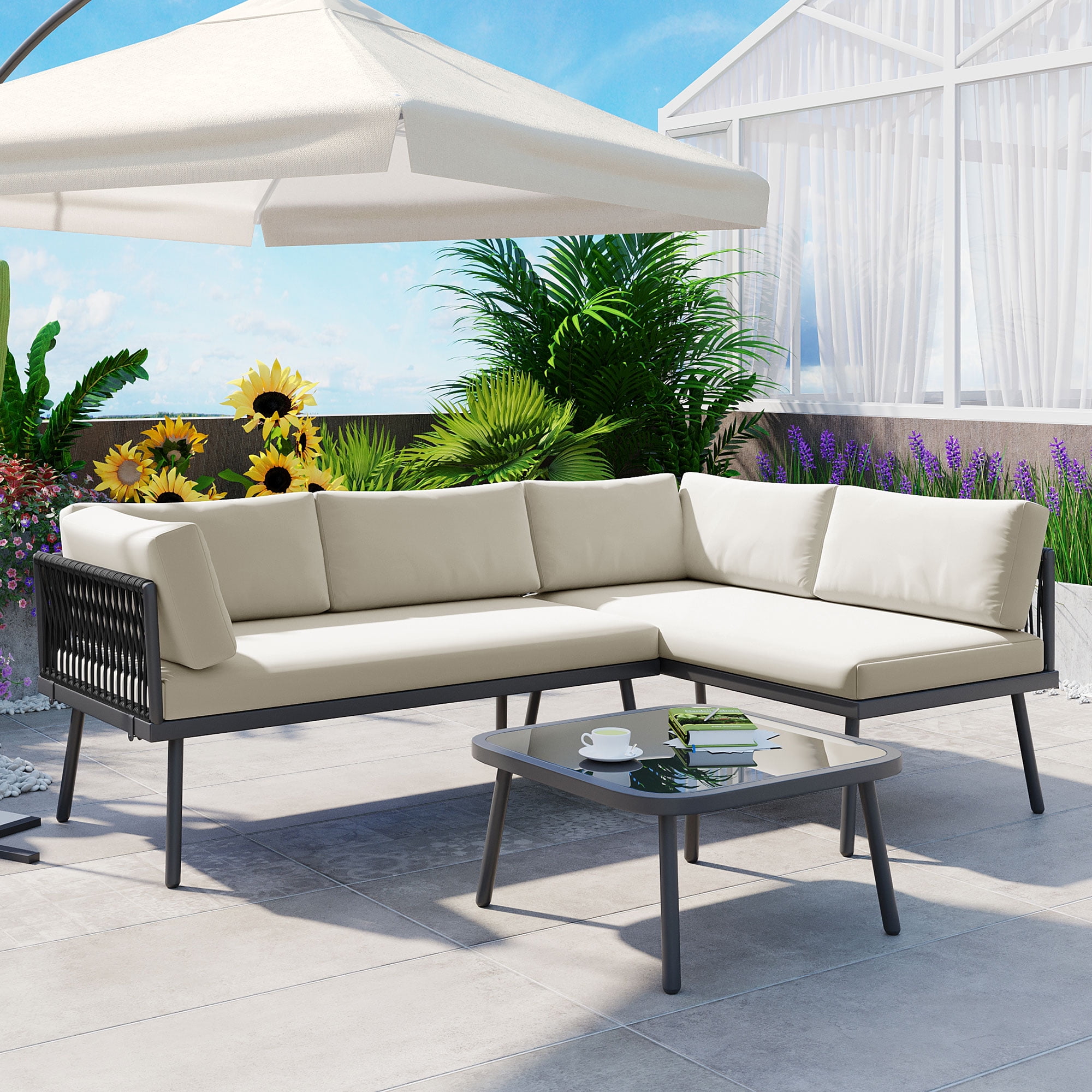 Modern Outdoor 3-Piece PE Rattan L-Shaped Sofa Set All Weather Patio ...