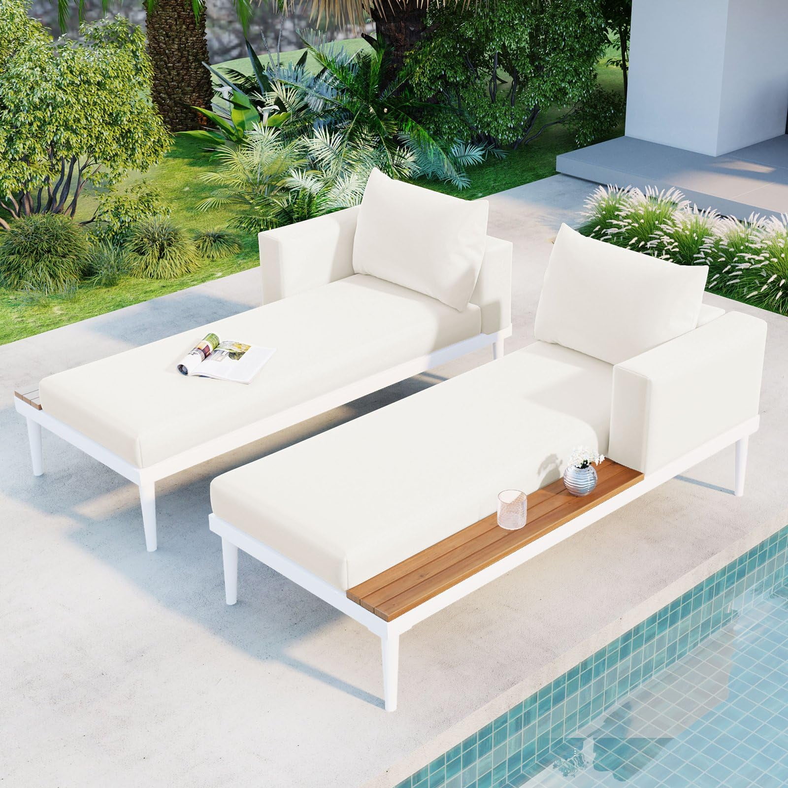 Modern Outdoor Chaise Lounge Daybed with Wood Side Tables, 2-in-1 ...