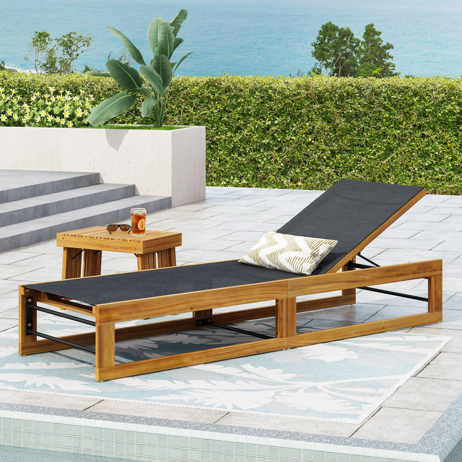 Modern Outdoor Chaise Lounge with Acacia Wood Frame & Mesh Seating ...