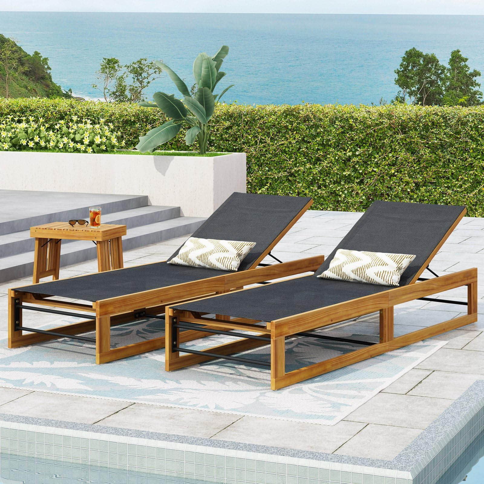 Modern Outdoor Chaise Lounge with Acacia Wood Frame & Mesh Seating ...