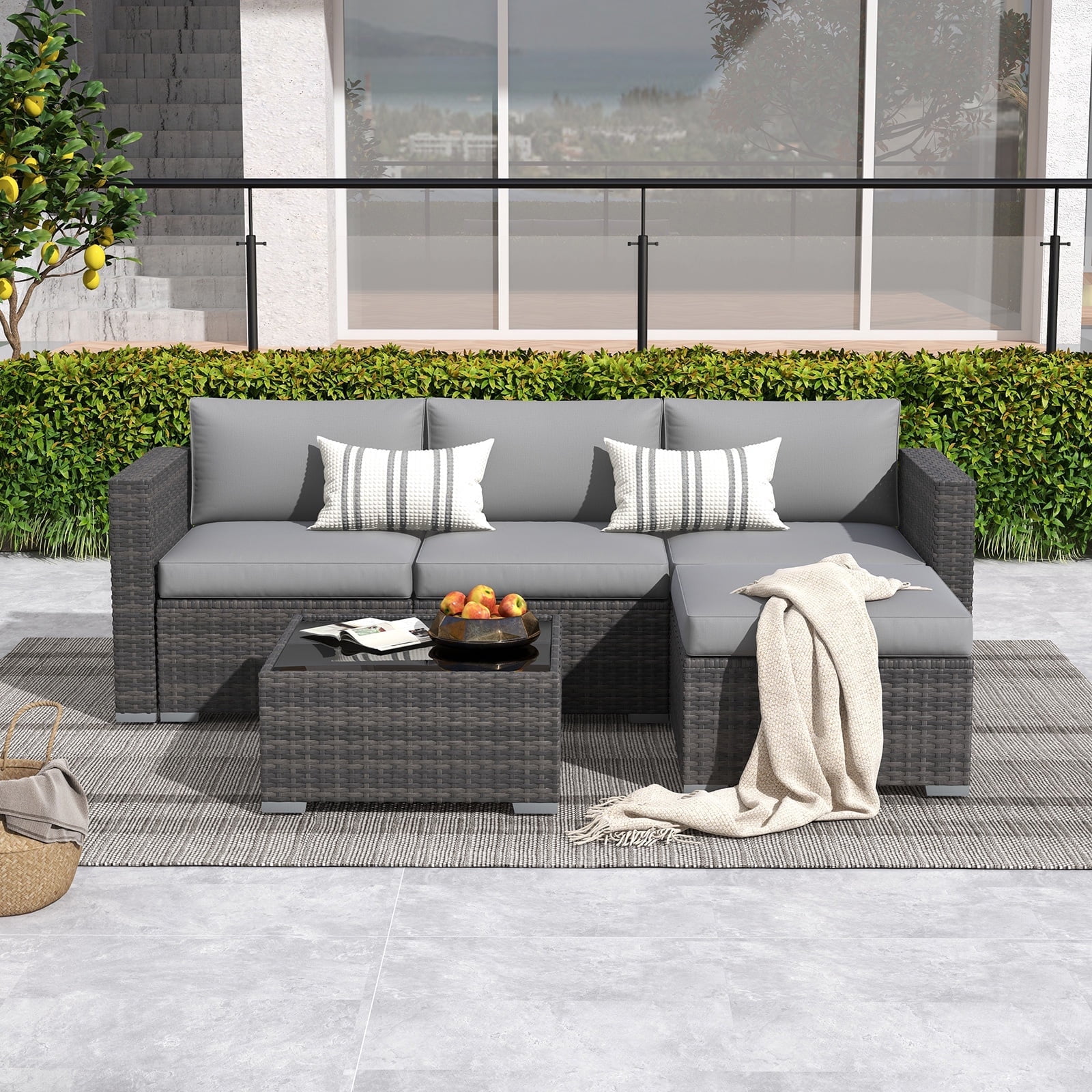 Modern Outdoor Patio Furniture Set，5-Piece Gray Wicker Sectional Sofa ...