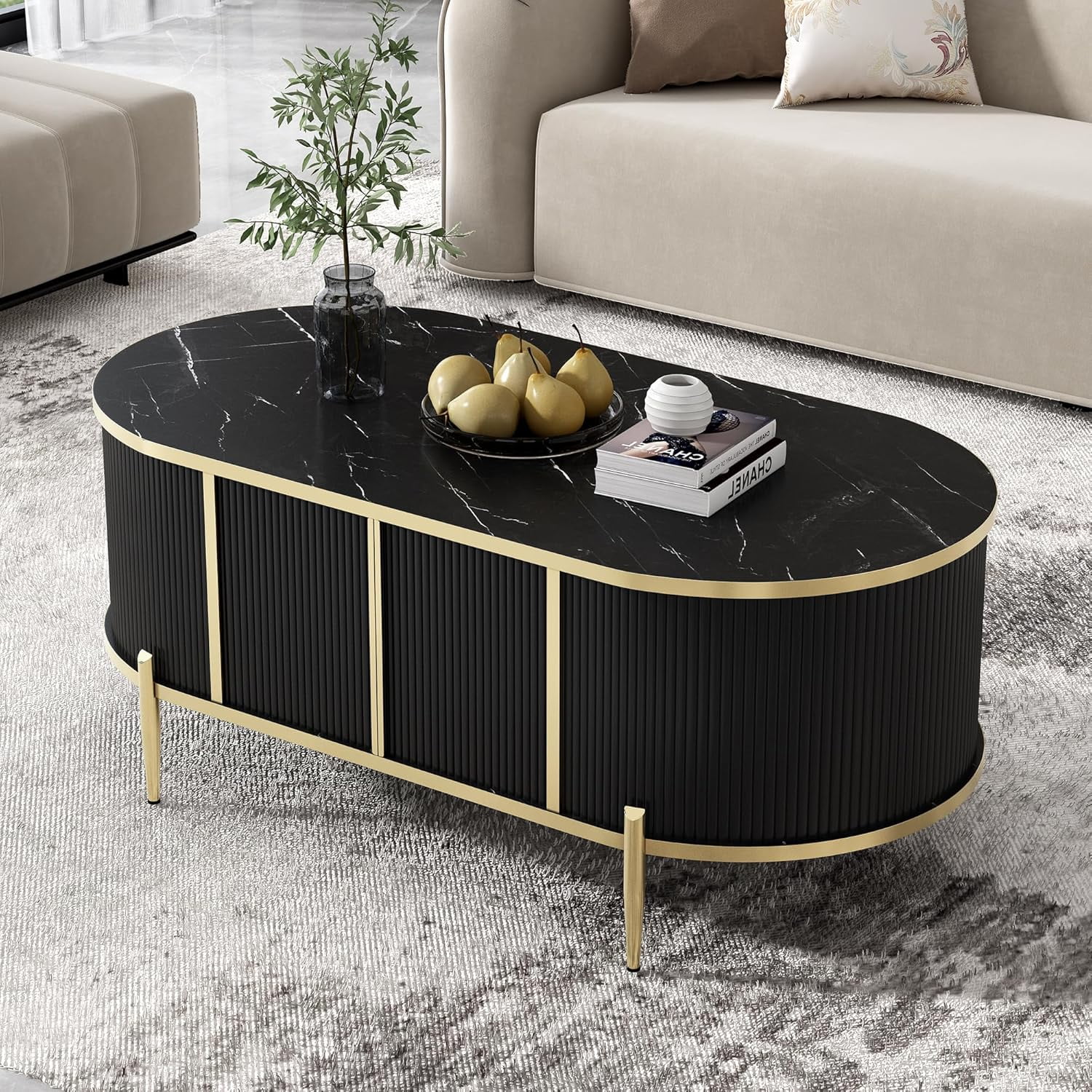 Modern Oval Coffee Table, 47.2" Faux Marble Coffee Tables with Storage ...