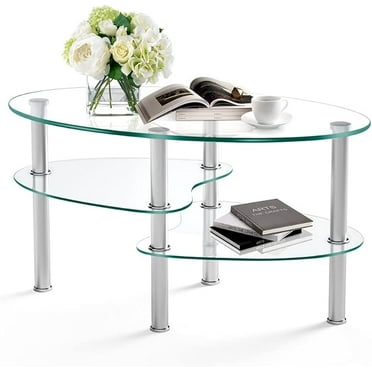 Costway Tempered Glass Metal Oval Side Coffee End Table Shelf Chrome ...
