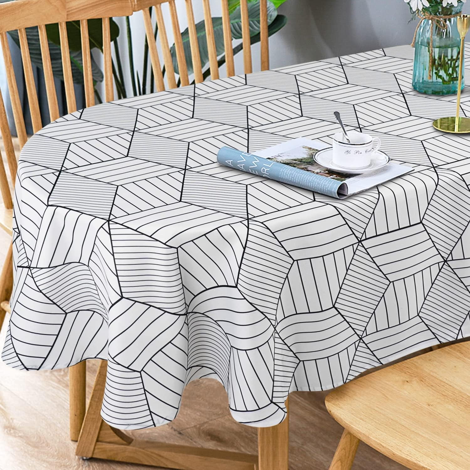 Modern Oval Tablecloth Black And White Checkered Tablecloth, Plaid Oval ...