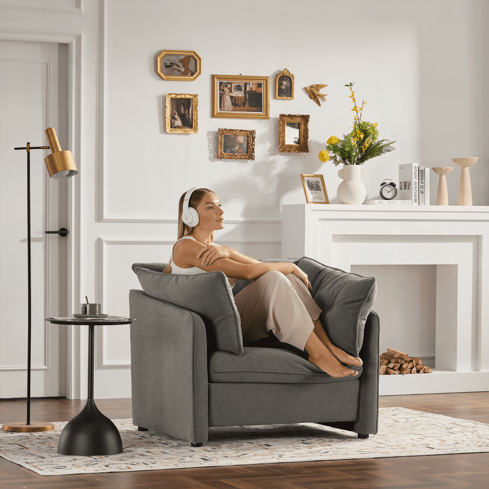 Modern Oversized Chenille Armchair - 1-Piece with Solid Wood Frame for ...