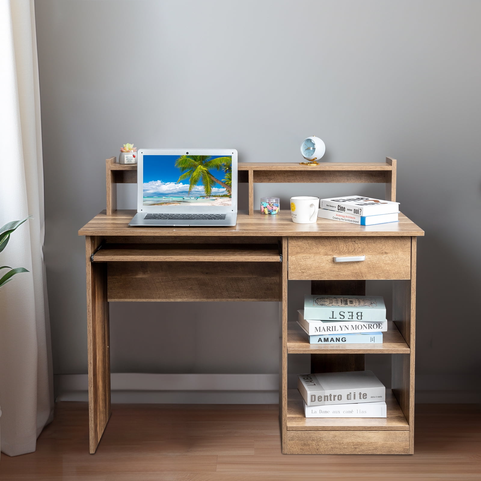 Modern P2 Chipboard Computer Desk with Storage Shelves and Cable ...