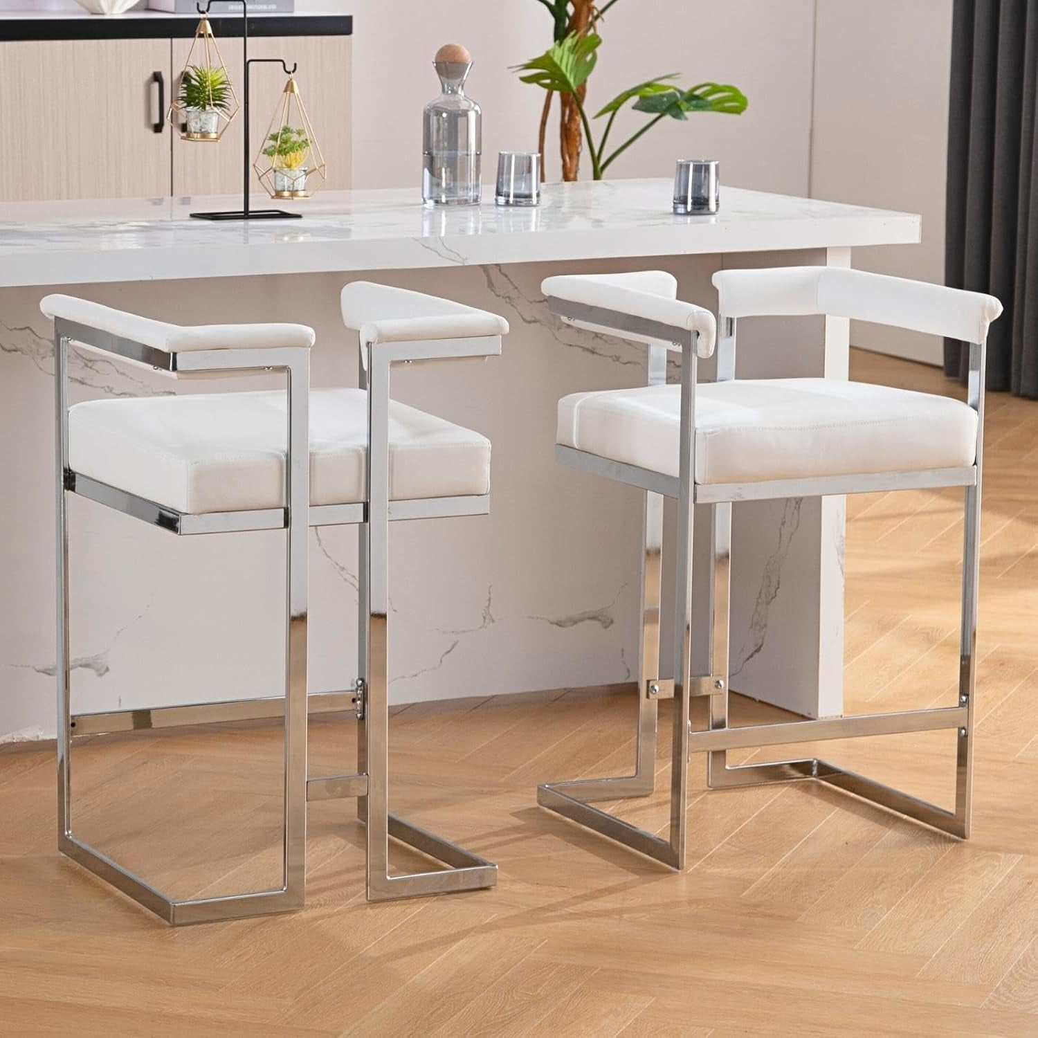 Modern PU Bar Stools Set of 4, White Counter Stools with Back Faux ...