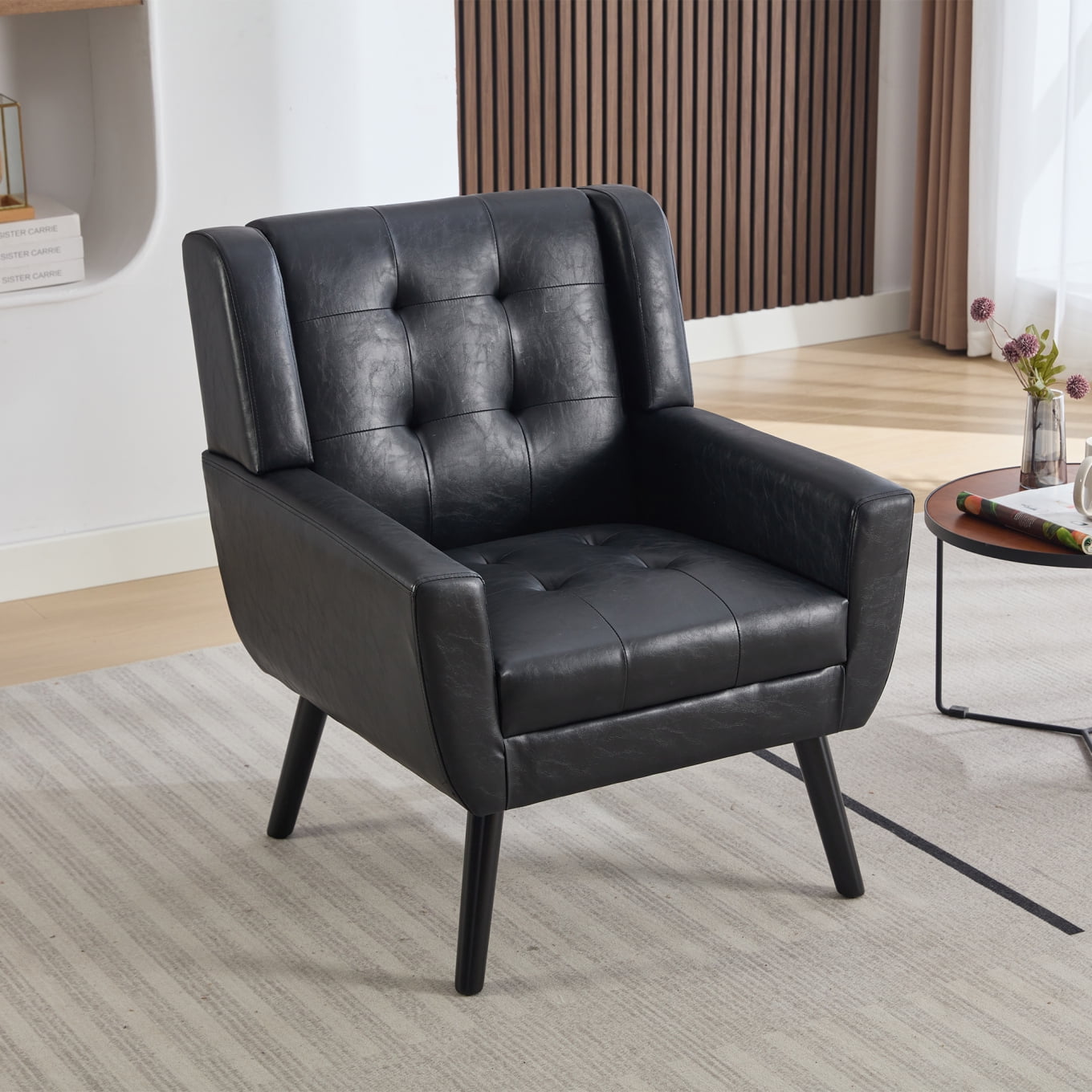 Modern PU Leather Accent Chair, Button-Tufted Upholstered Wingback ...