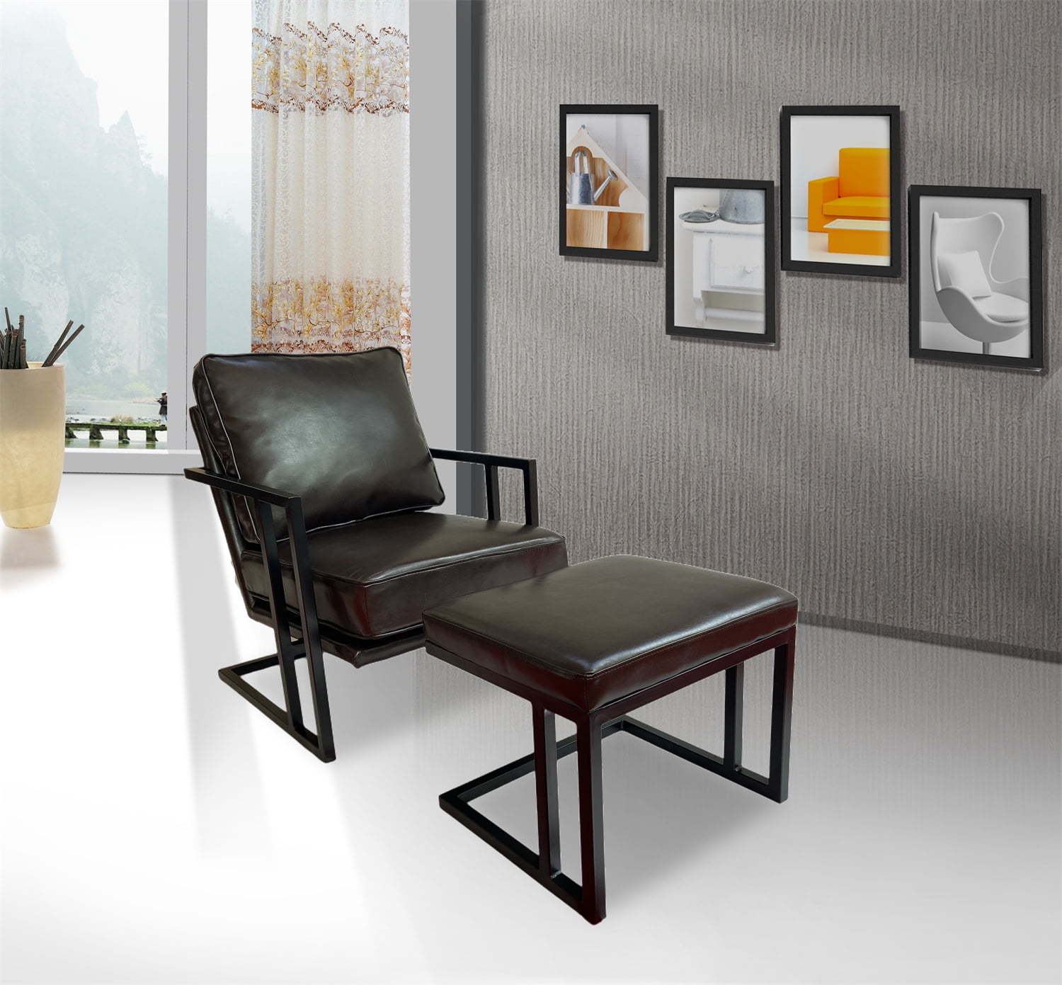 Modern PU Leather Accent Chair with Stool, Lounge Chair Armchair with ...