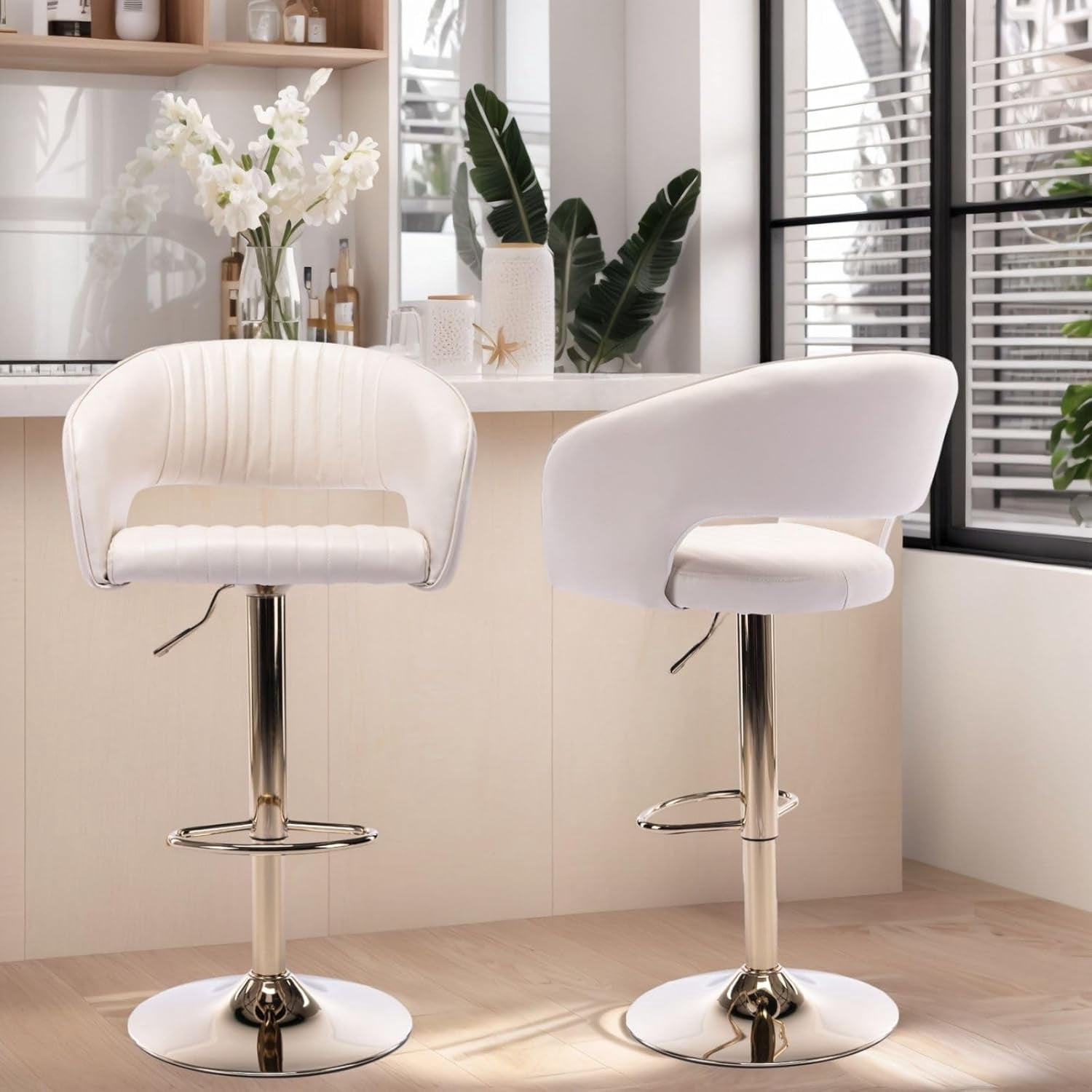 Modern PU Leather Adjustable Bar Stools Set of 2, Swivel Counter Stools ...