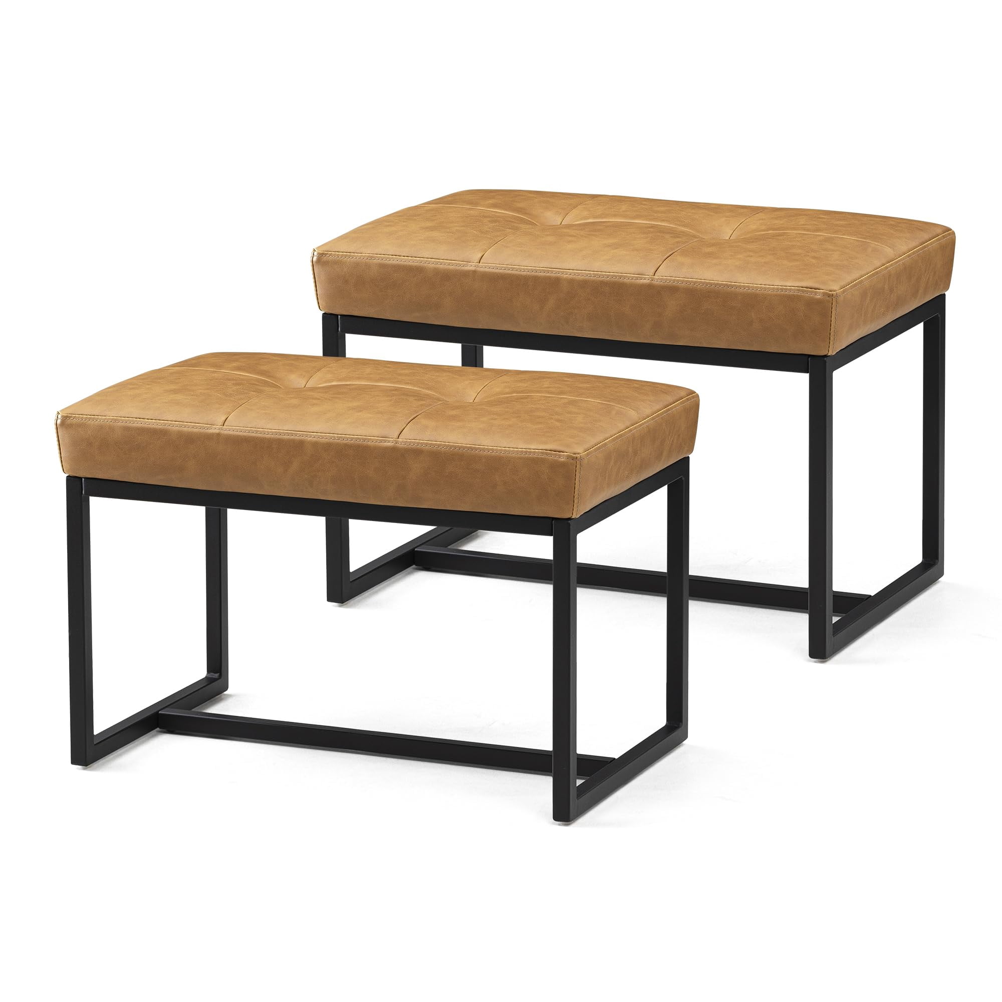 Modern PU Leather Ottoman Bench Set of 2, Metal Frame Makeup Stool with ...