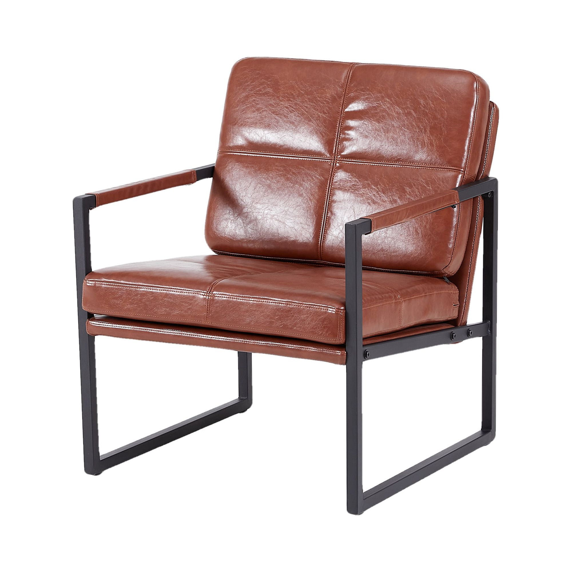 Modern PU Leather Red Brown Accent Chair, Black Metal Frame Lounge ...