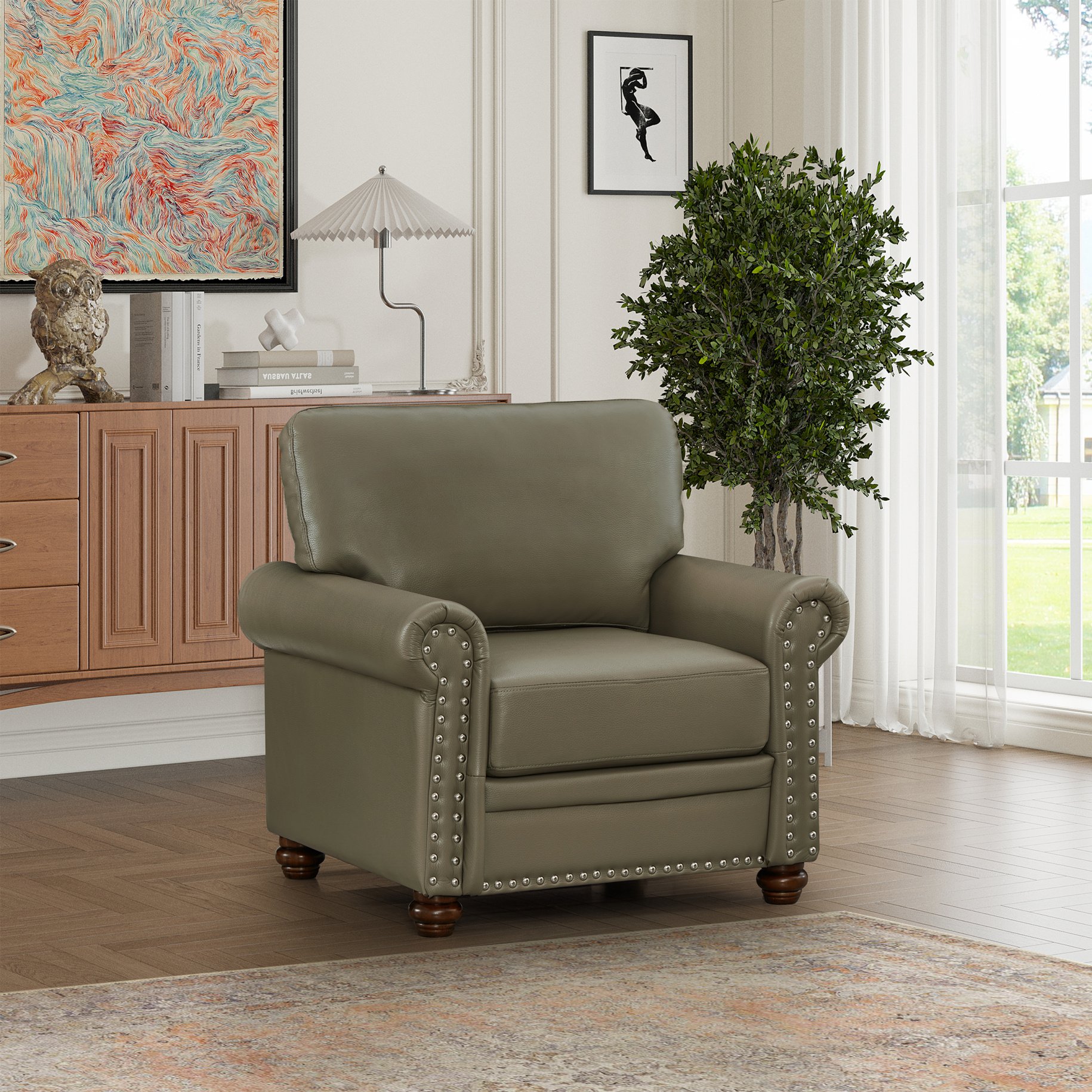 Modern PU Leather Seat Chair, Single Couch with Silver Nails Head Trim ...