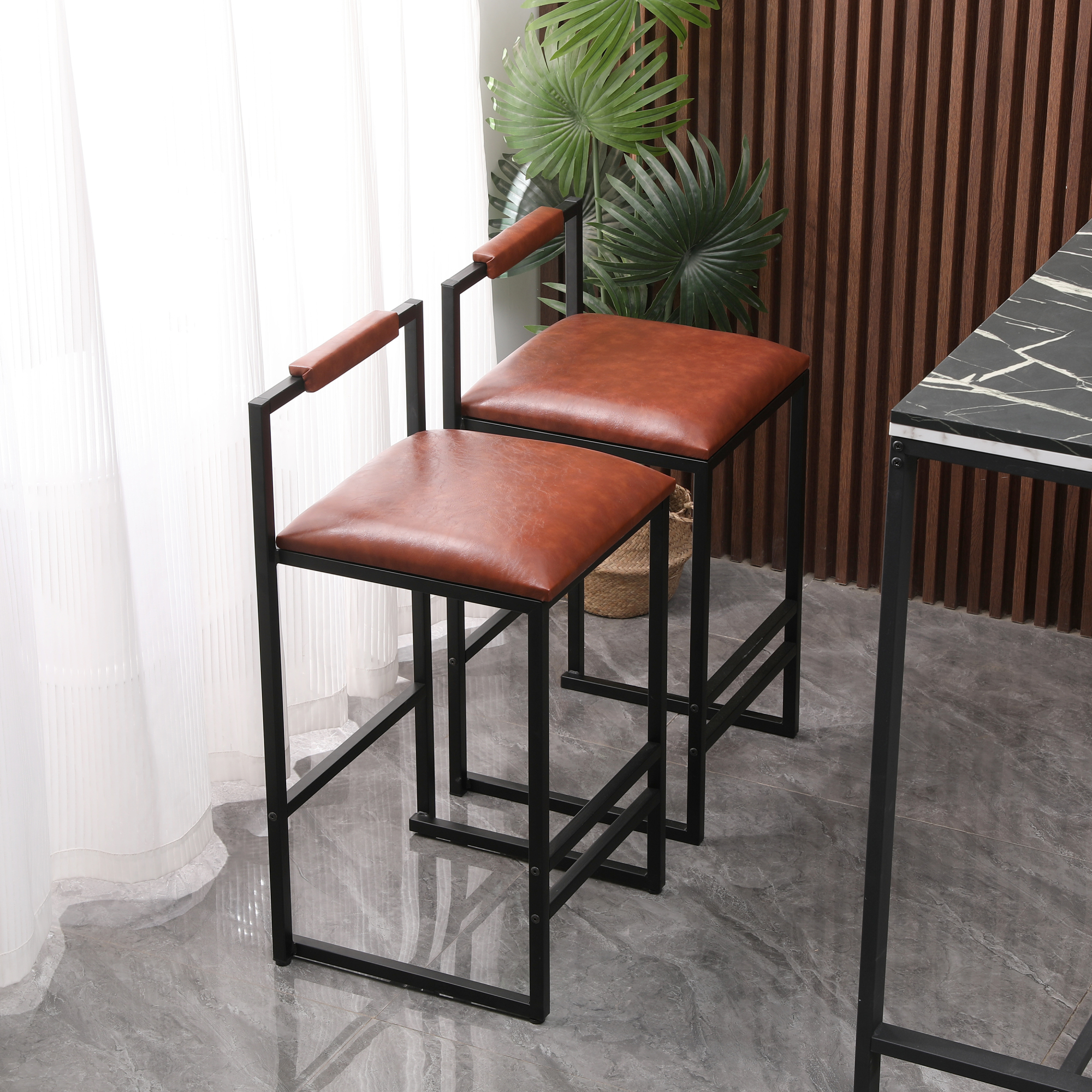Modern PU Leather Upholstered Barstools with Back - Set of 2 Brown ...