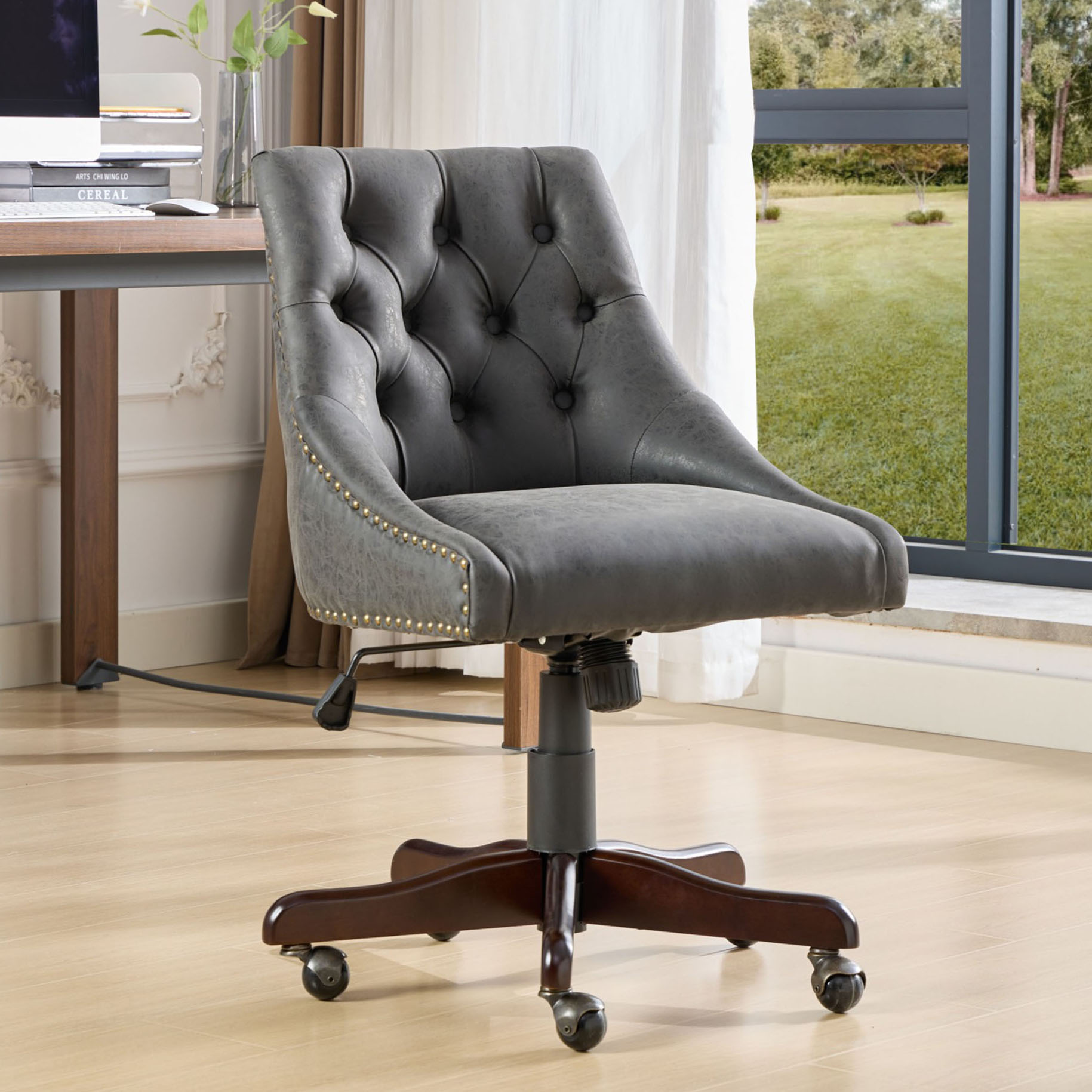 Modern PU Leather Upholstered Tufted Button Office Chair with Golden ...