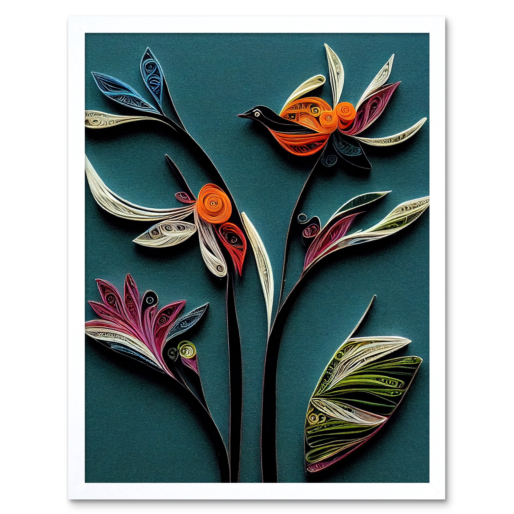 Modern Paper Quilling Bird on Exotic Flower Plant Leaves Blue Orange ...