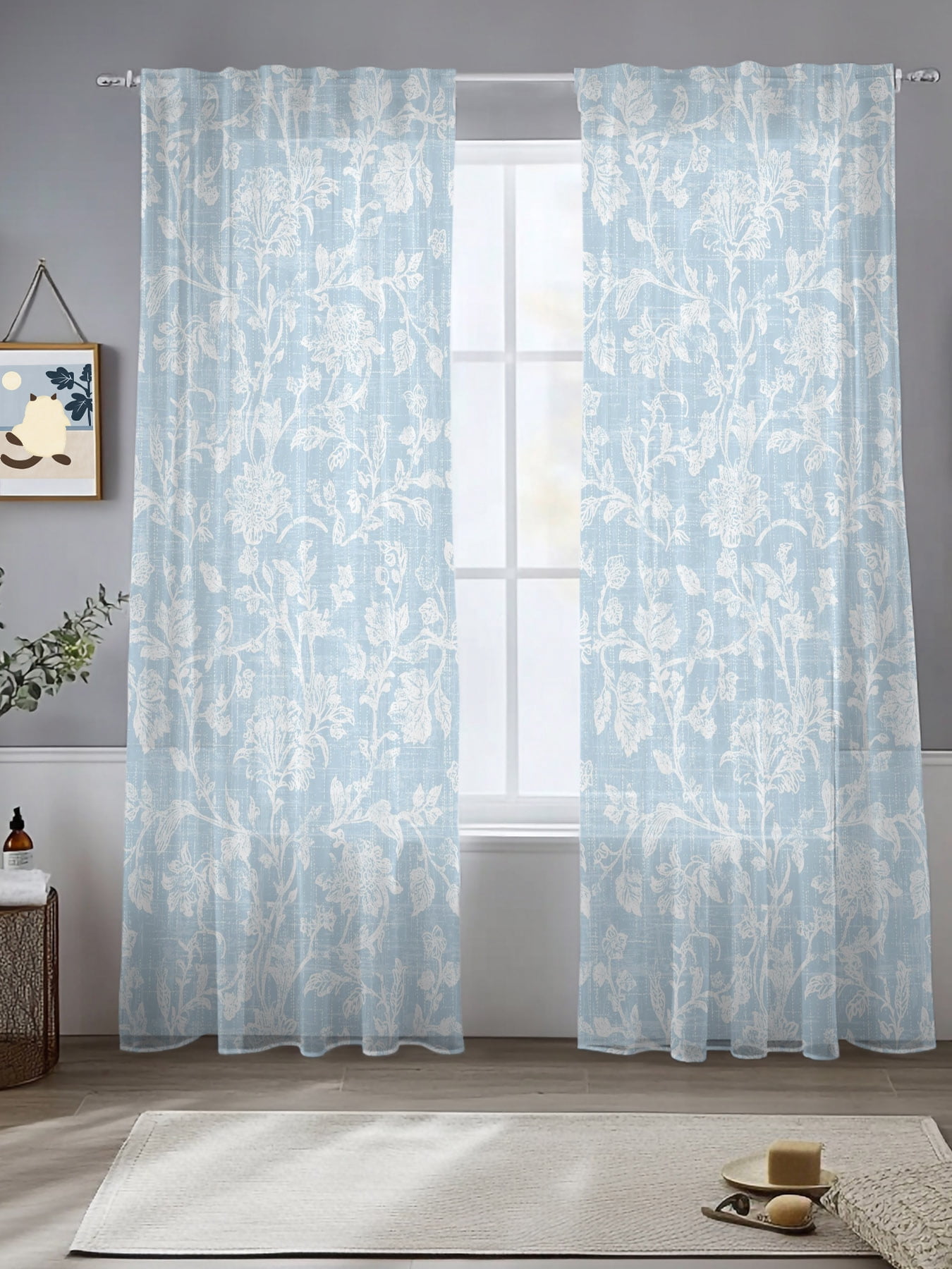 Modern Pastoral Flower on Light Blue Chiffon Sheer Curtains 84 Inches ...
