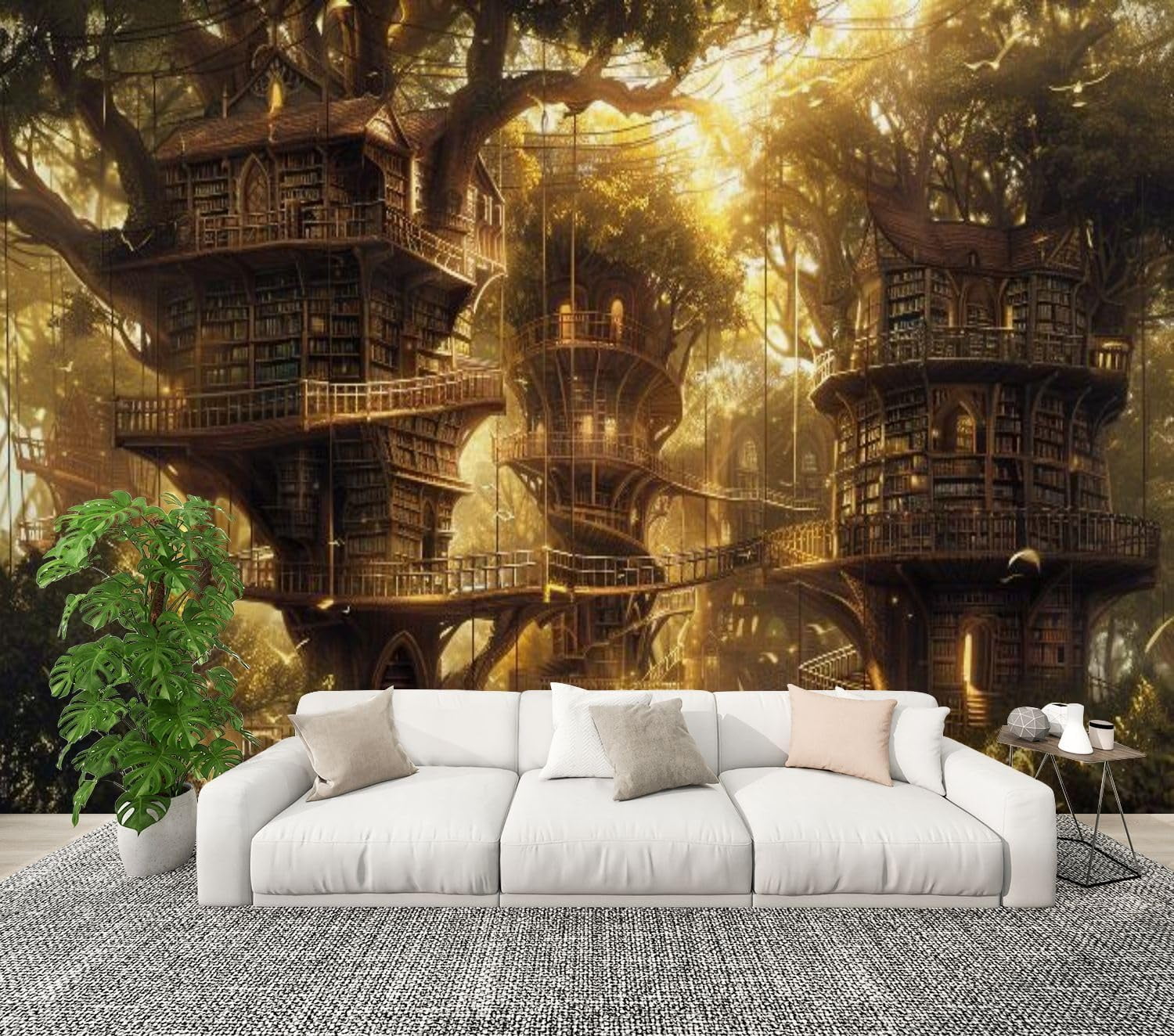 Modern Peel and Stick Wall Mural Ethereal Forest Library Wooden ...