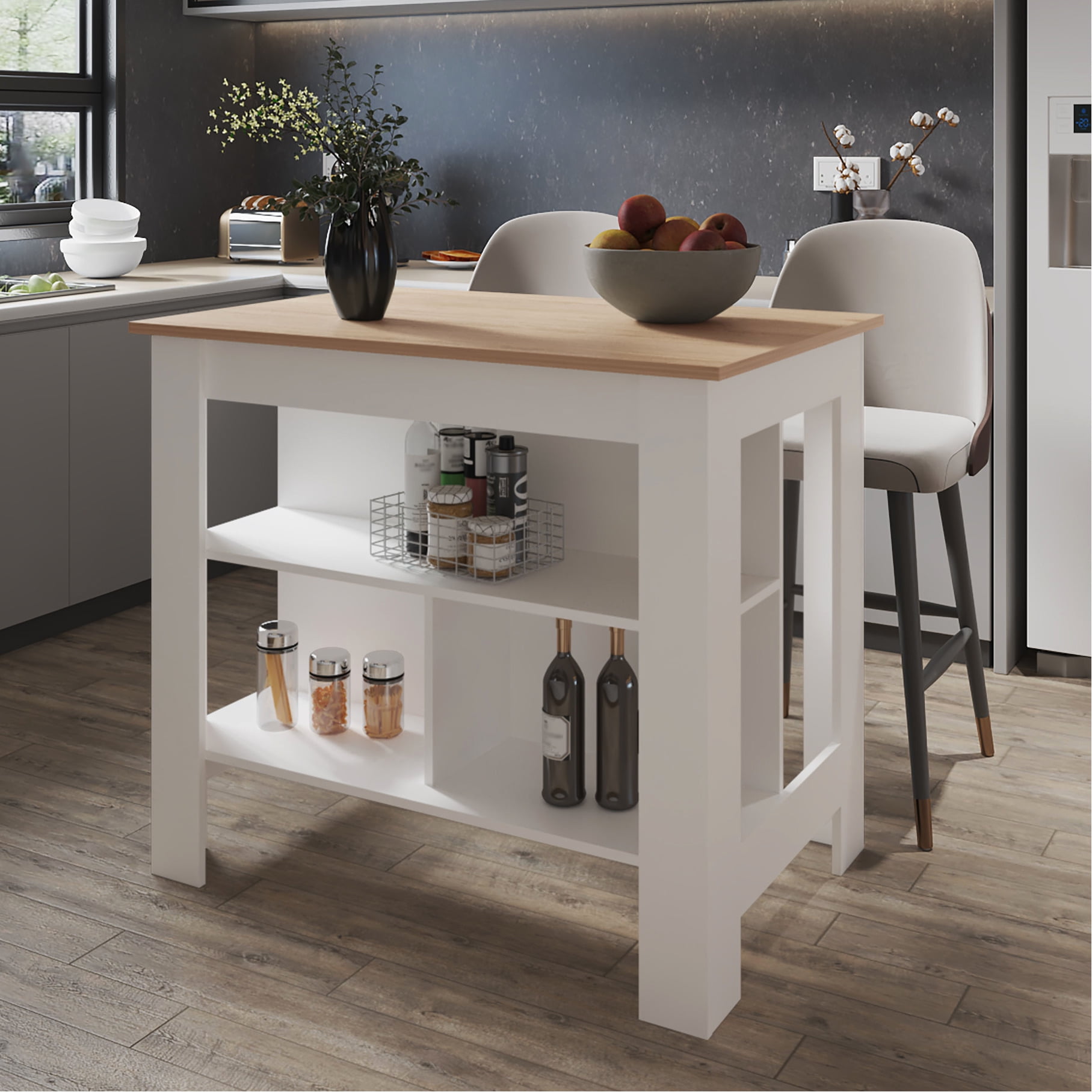 Modern Pine/white Kitchen Island With Robust Open Storage Facilities ...