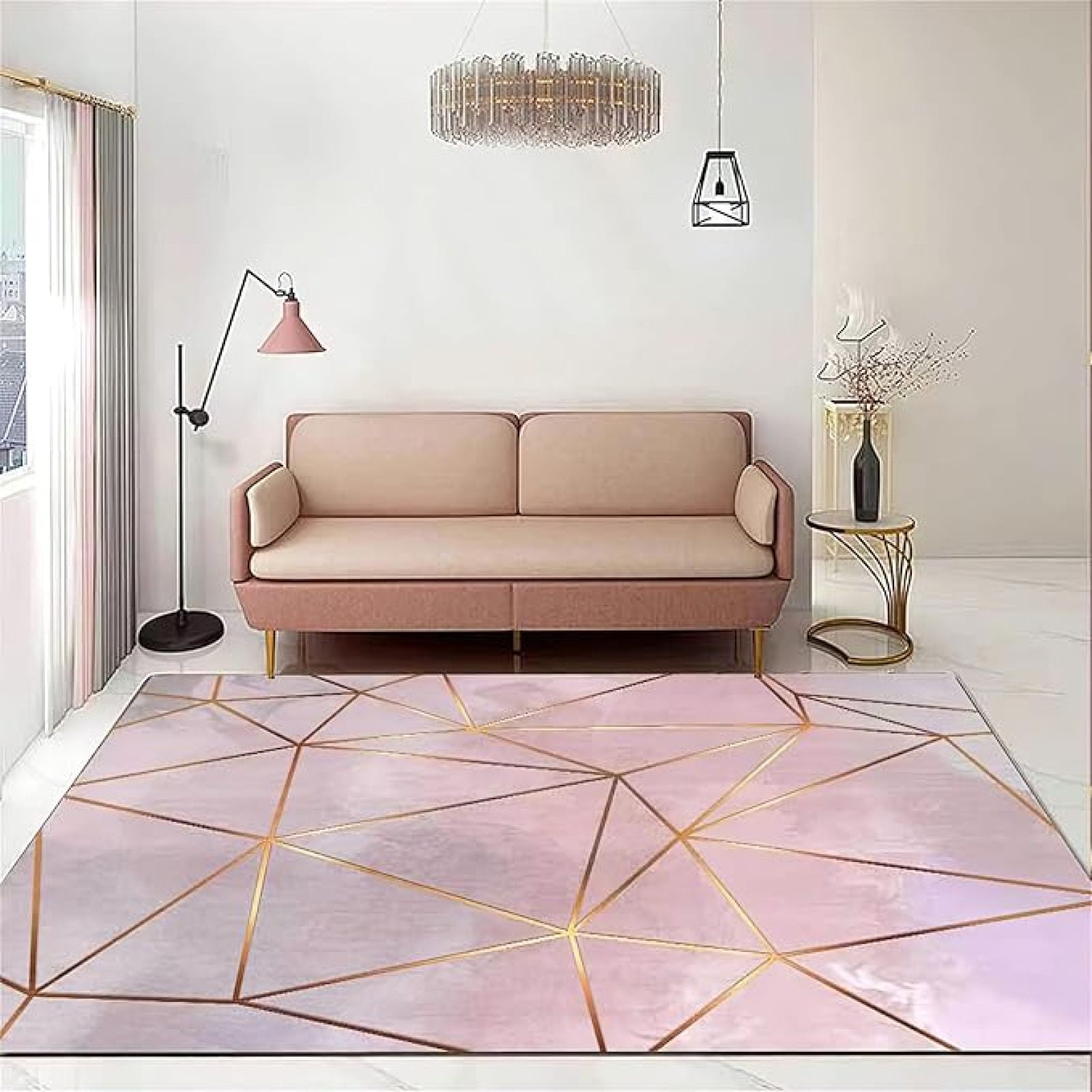 Modern Pink Area Rug, Golden Lines Geometry Indoor Non Slip Bedroom ...