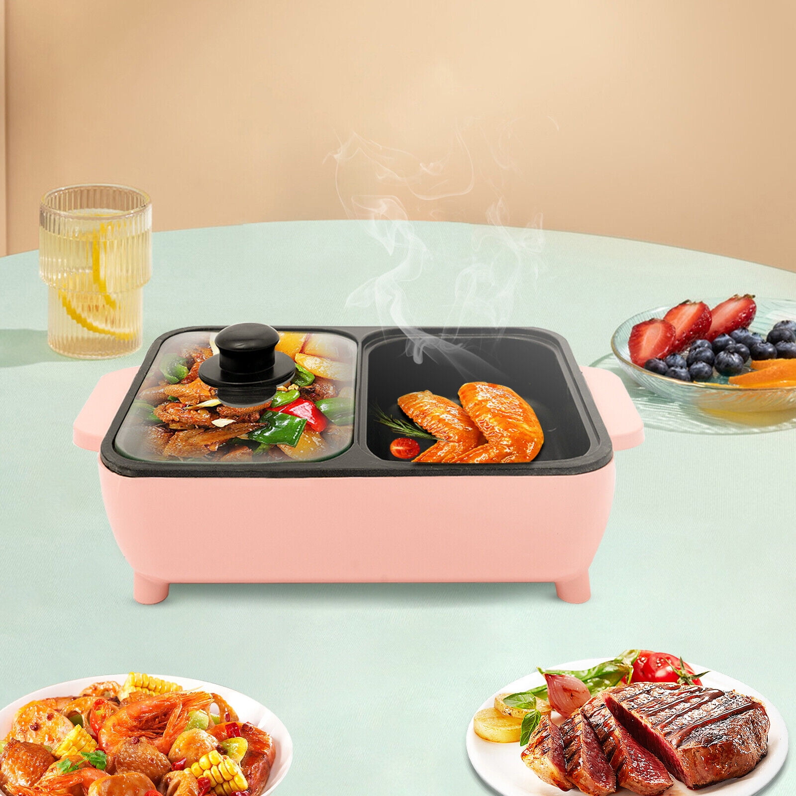 Modern Pink, Black Electric Hot Pot With Grill, Non-Stick Pan For ...