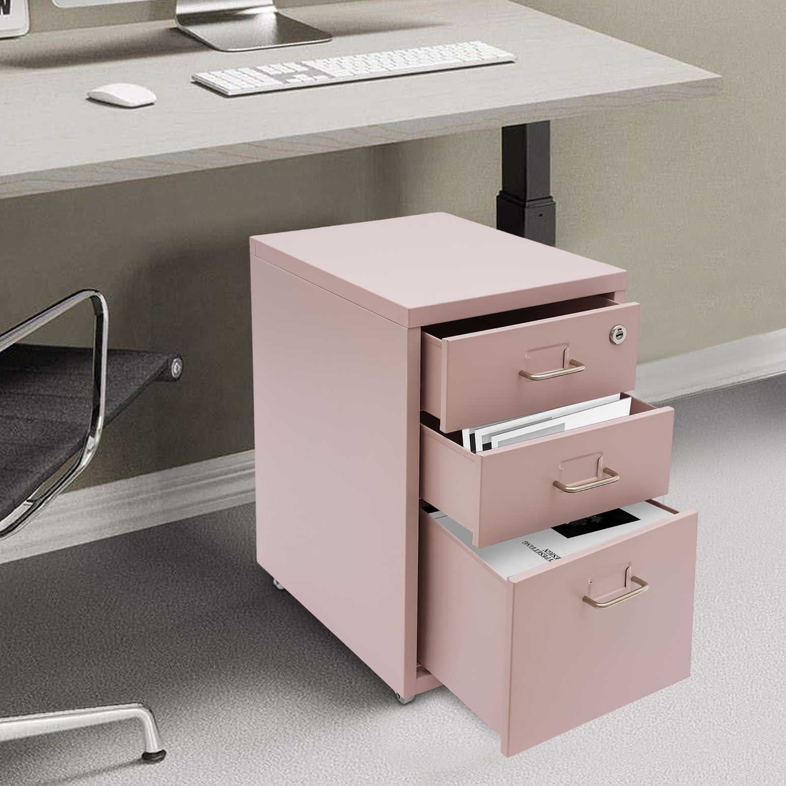 1 PCS Pink Vertical File Cabinet, 3 Tiers Metal Mobile File Cabinet ...