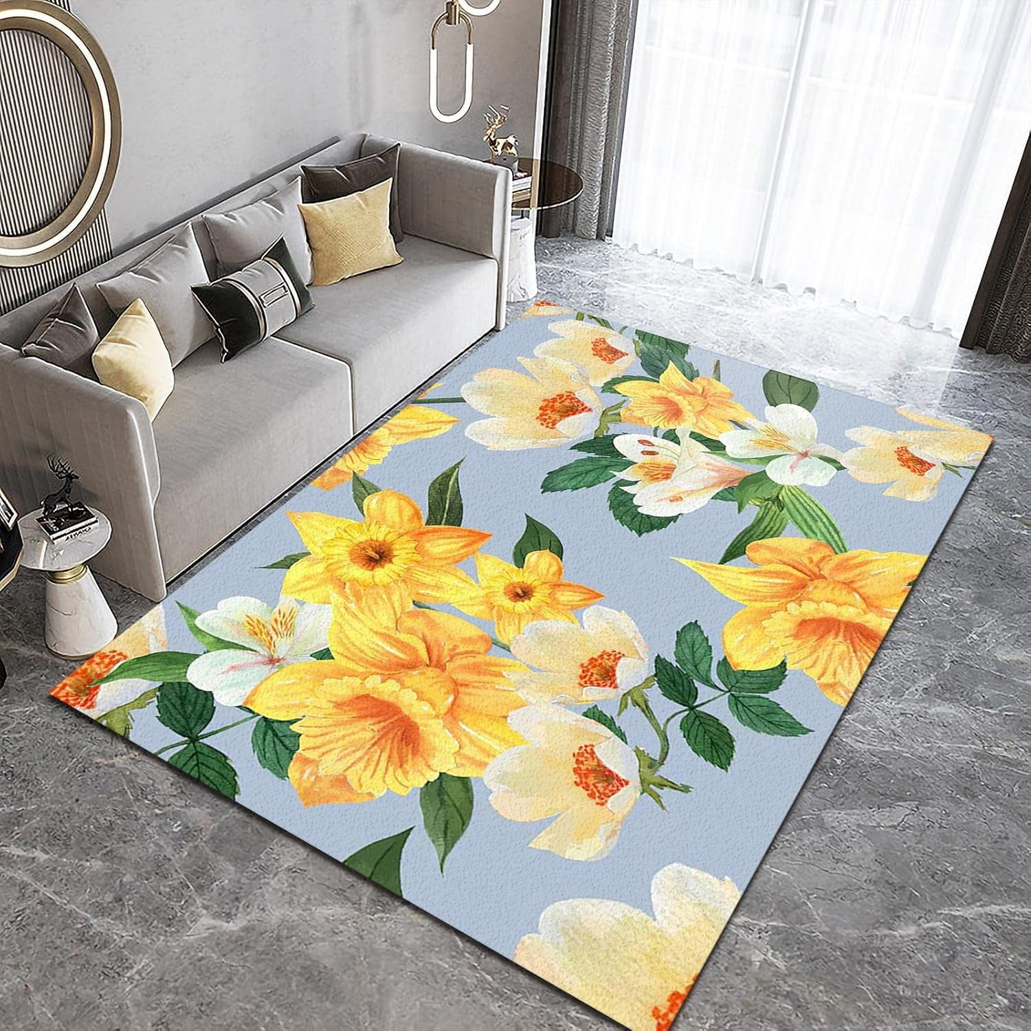 Modern Plants Printed Art Area Rugs, Bright Blooming Yellow Flowers ...