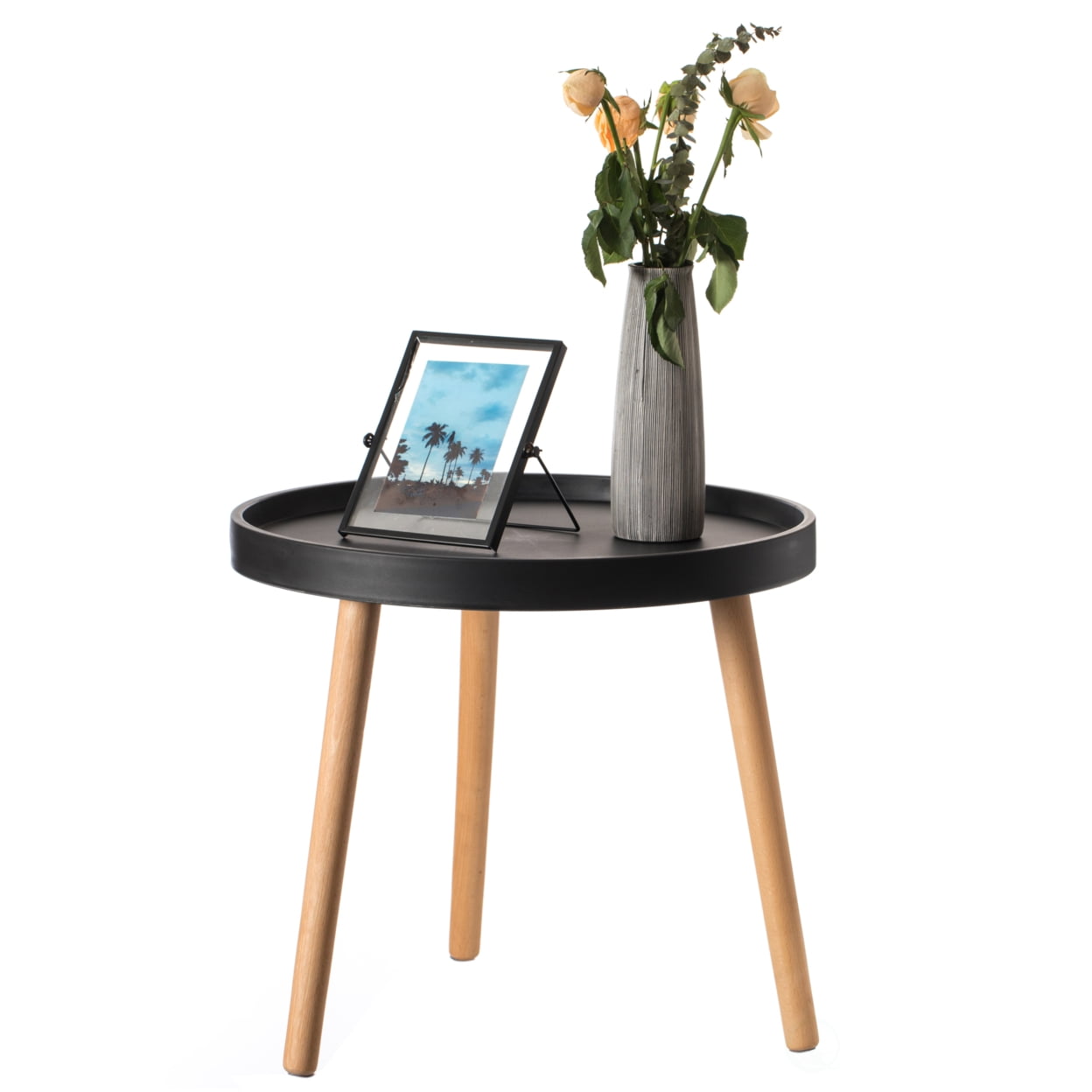 Modern Plastic Round Side Table Accent Coffee Table with Beech Wood ...