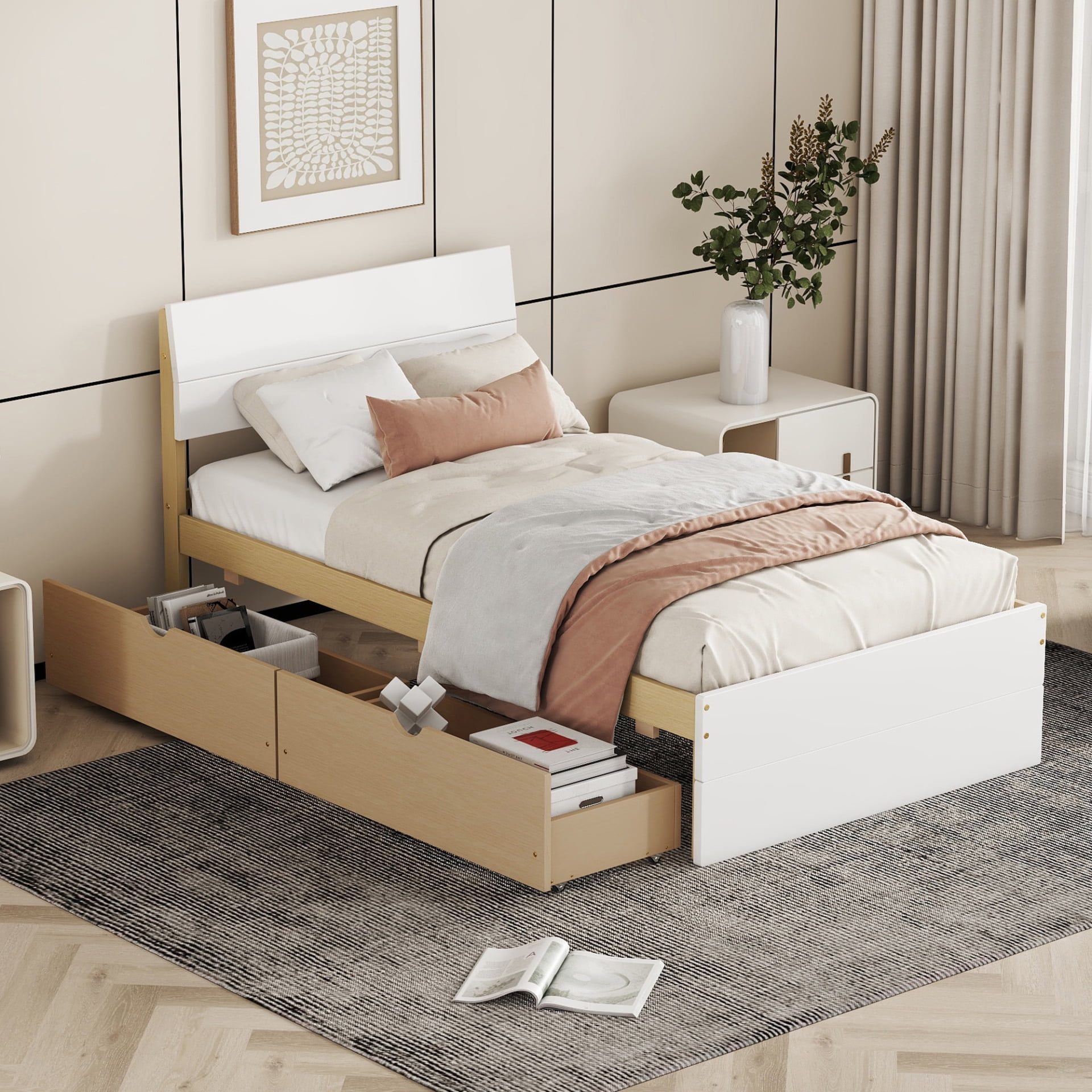 Modern Platform Bed with Drawers, Twin Size Bed Frame with White High ...