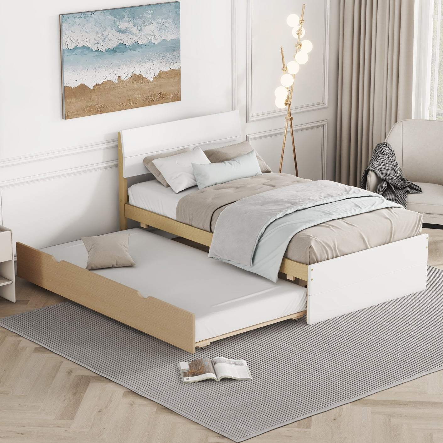 Modern Platform Bed with Trundle, Twin Size Bed Frame with White High ...