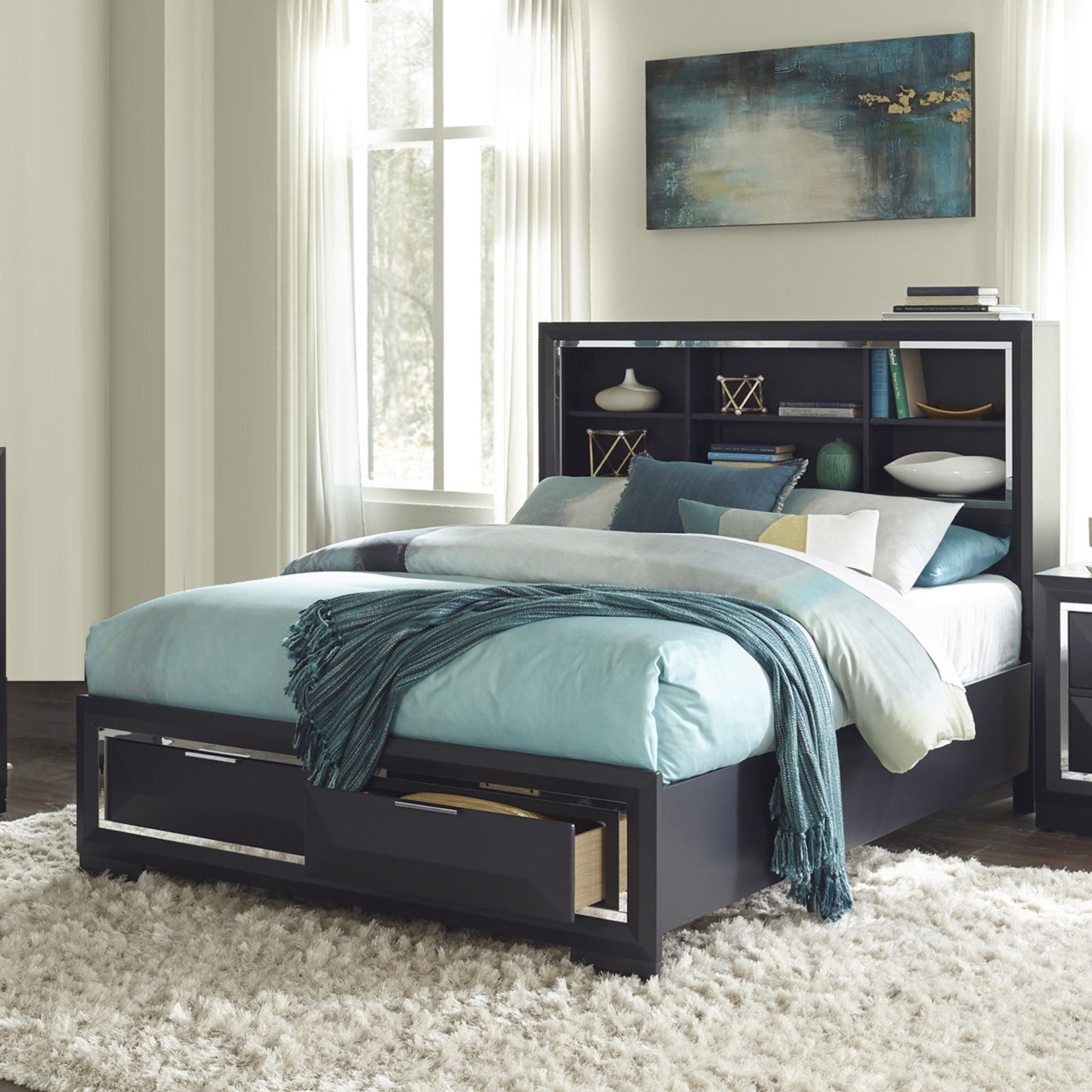 Modern Platform King Bed with Footboard Storage Bookcase Headboard ...