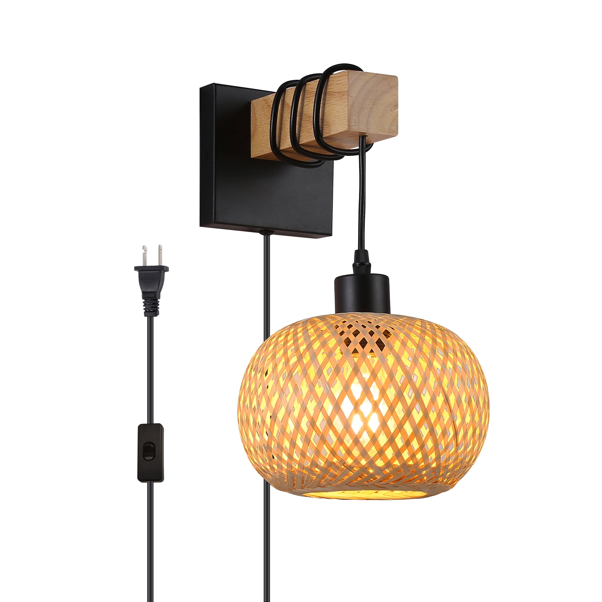 Modern Plug in Bamboo Wall Light Fixture with Switch - Round Basket ...
