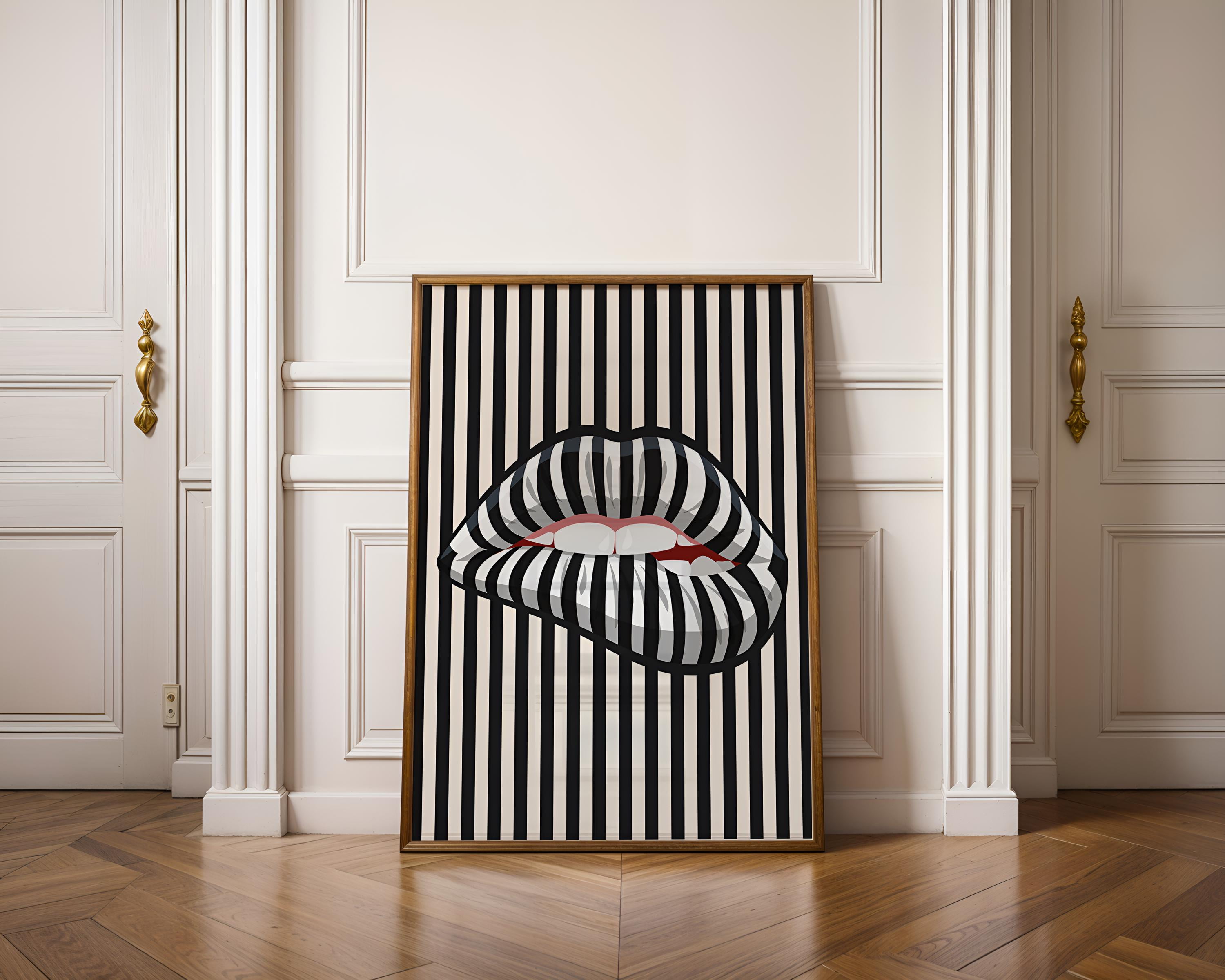 Modern Pop Art Lips Print Black & White Stripes Bold Edgy Aesthetic ...