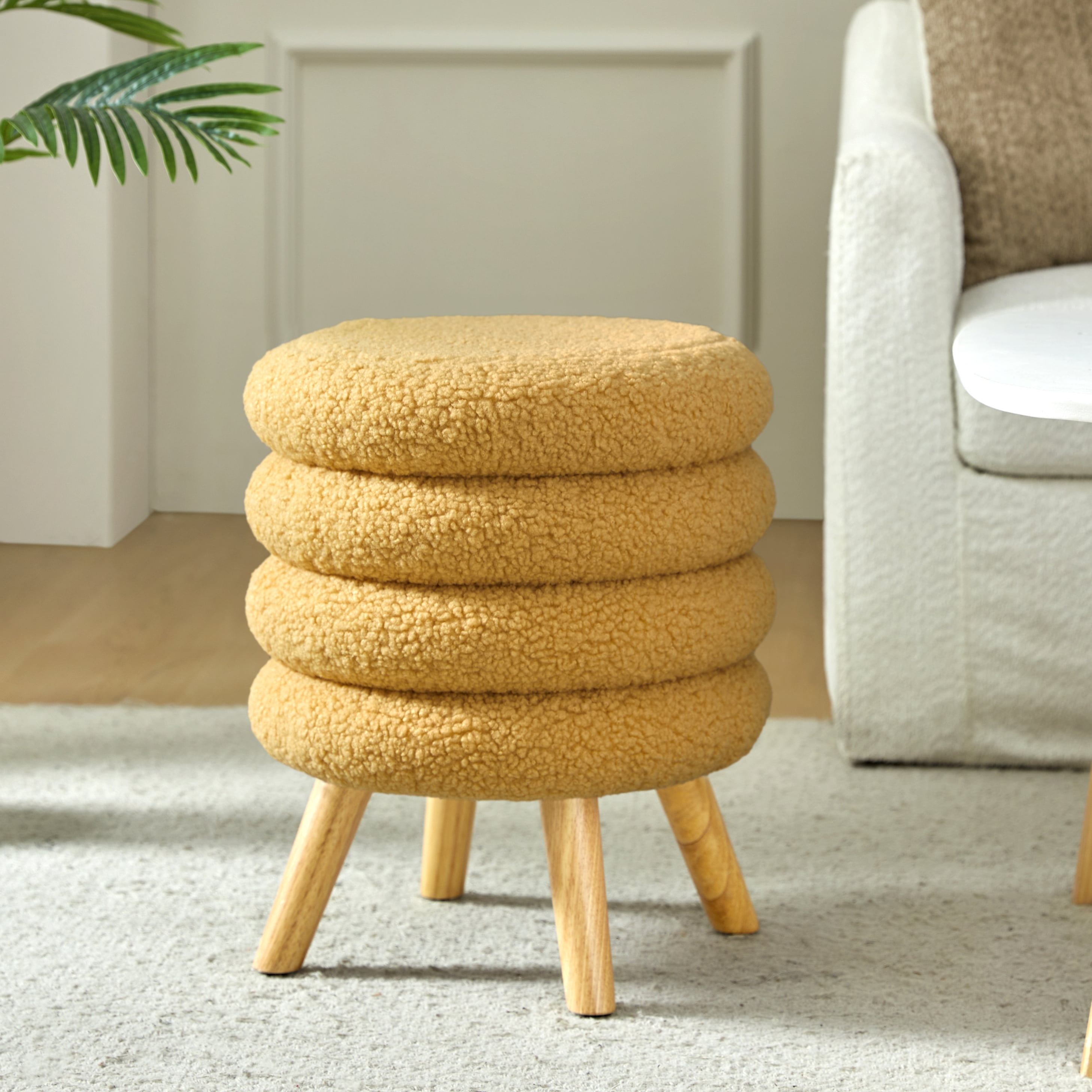 Modern Pouf Ottoman Wooden 4 Legs Plush Makeup Vanity Stool Footrest ...