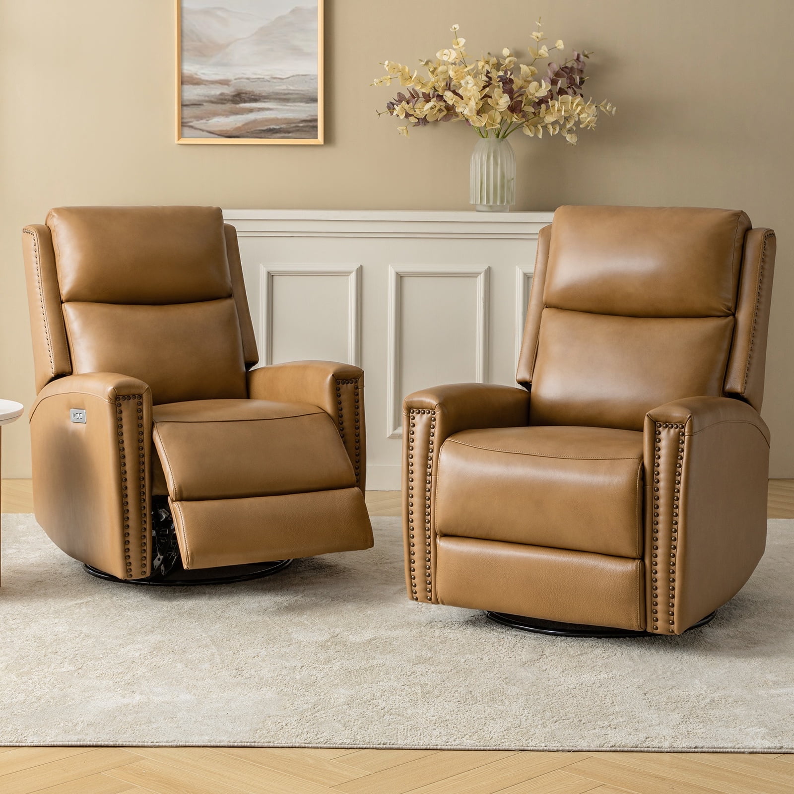 Modern Power Genuine Leather Swivel Recliner Chair Set of 2 with USB ...