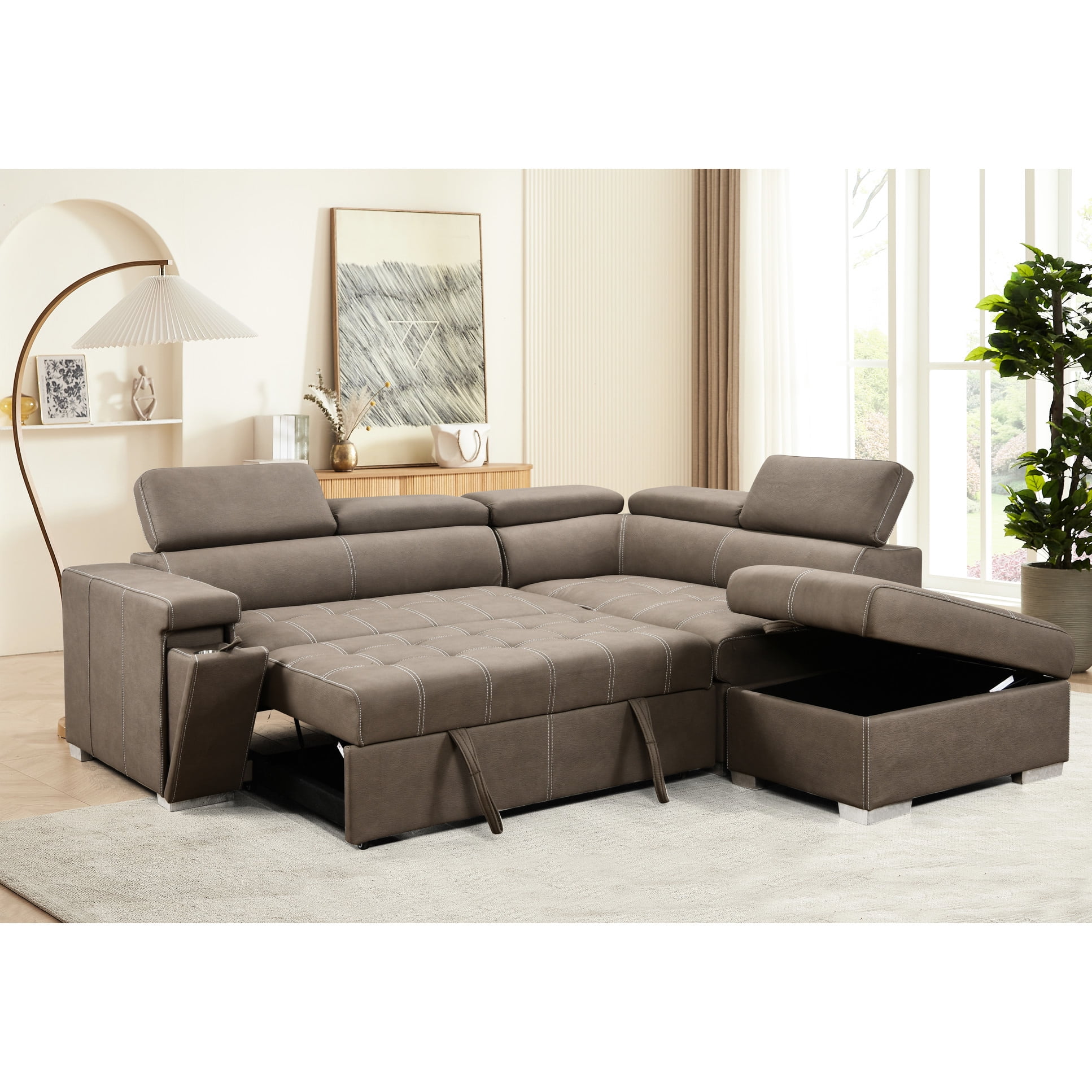 Modern Pull-out Couch With Chaise Lounge, Cup Holder, Adjustable And ...