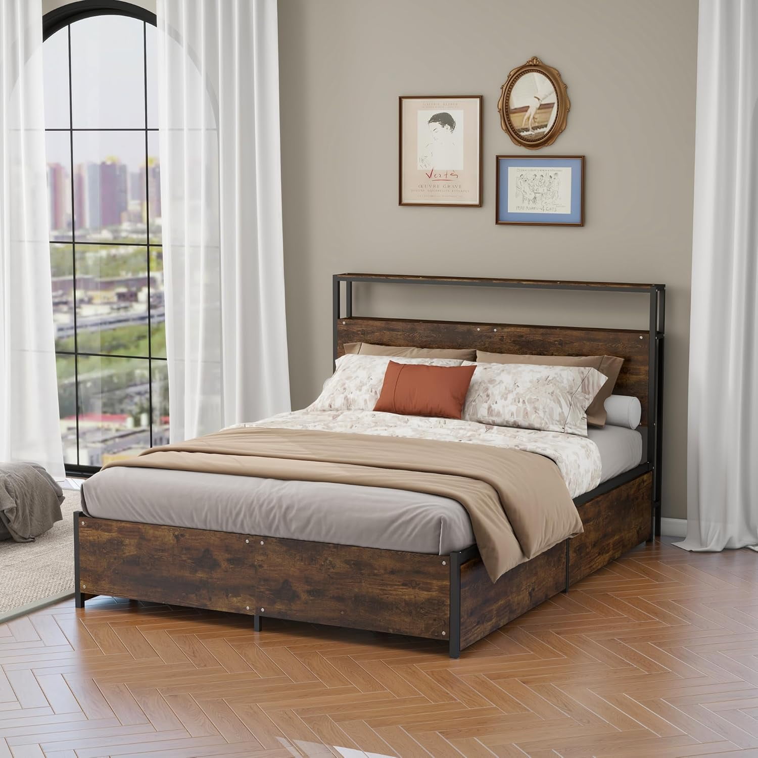 Modern Queen Size Bed Frame with 4 Storage Drawers - Industrial Metal ...