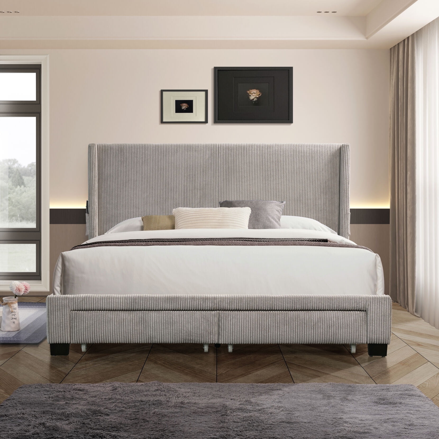 Modern Queen Size Bed with Wood Slats, Velvet Upholstered Bed with Wood ...
