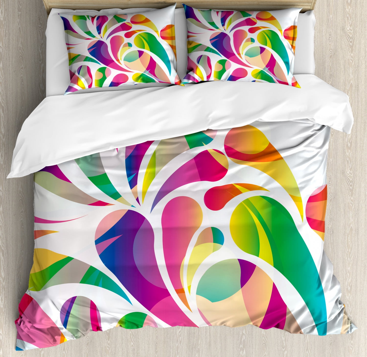 Modern Queen Size Duvet Cover Set, Colorful Leaf Shaped Vivid Trippy ...
